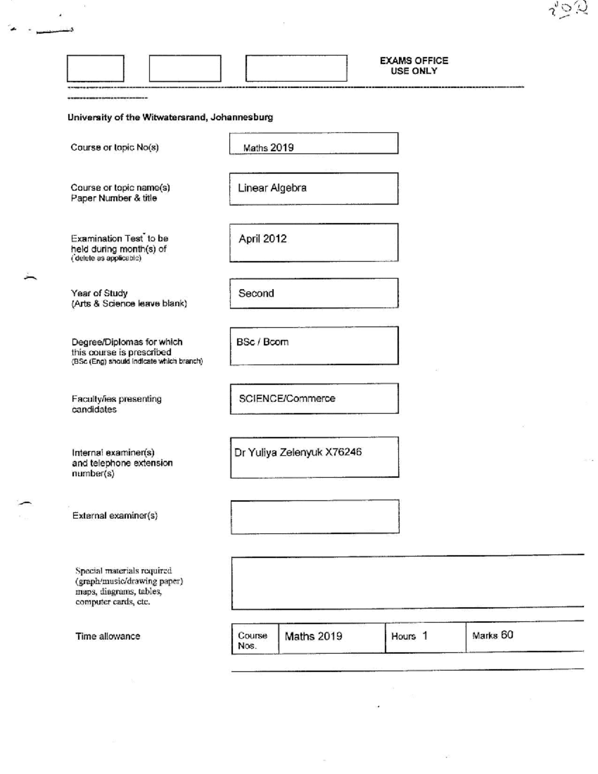 Linear Algebra 2012 April Test - Maths 2019 Exam Paper - Studocu