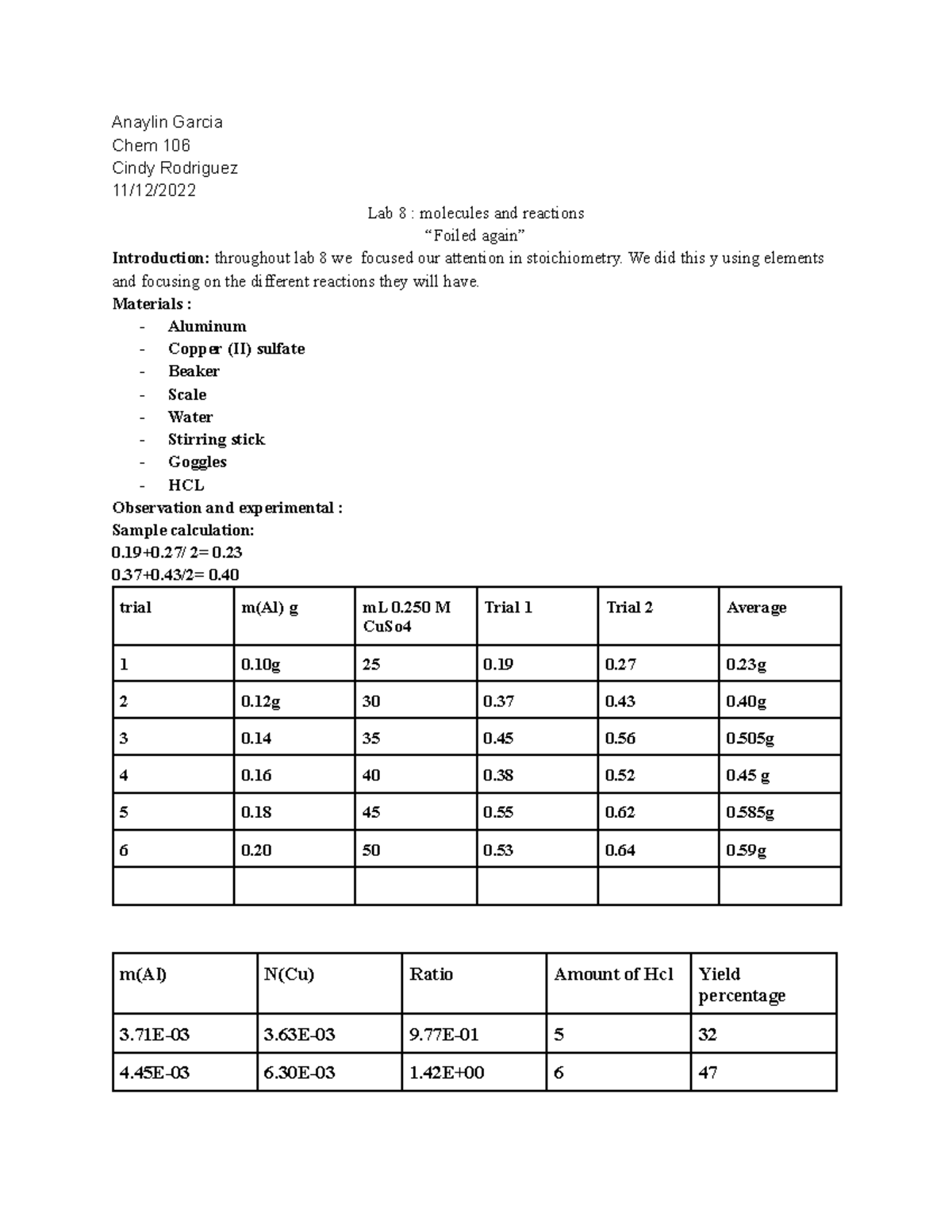 Chem 106 Lab 8: Stoichiometry in Molecules & Reactions Analysis - Studocu