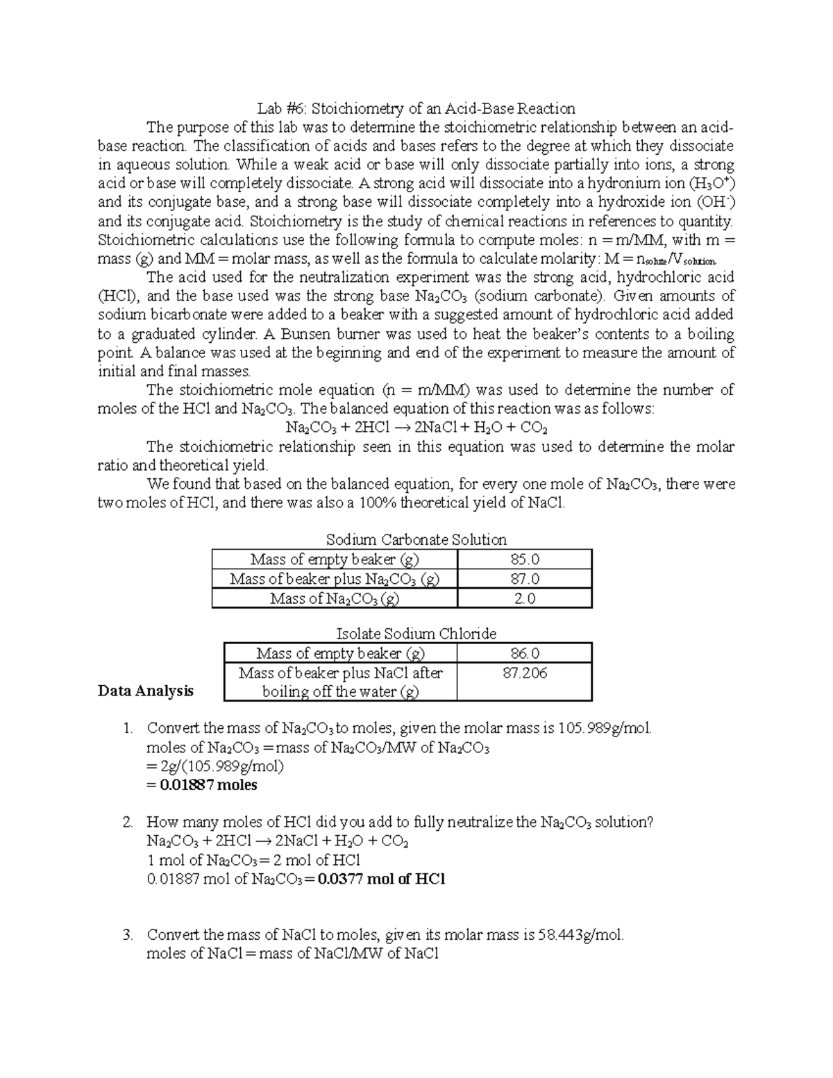 Acid Base Lab Chem 113 - lab assignment - Lab #6: Stoichiometry of an ...