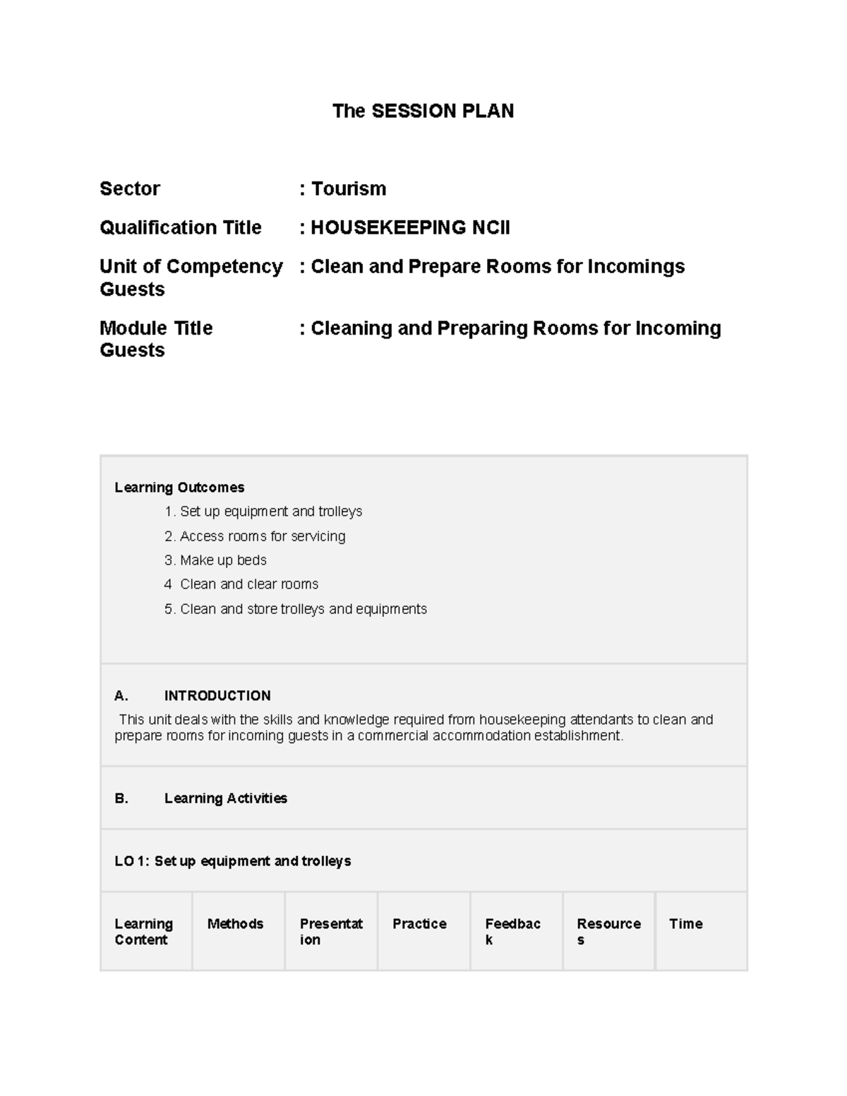 TVE 103: Housekeeping NCII Session Plan for Room Cleaning - Studocu