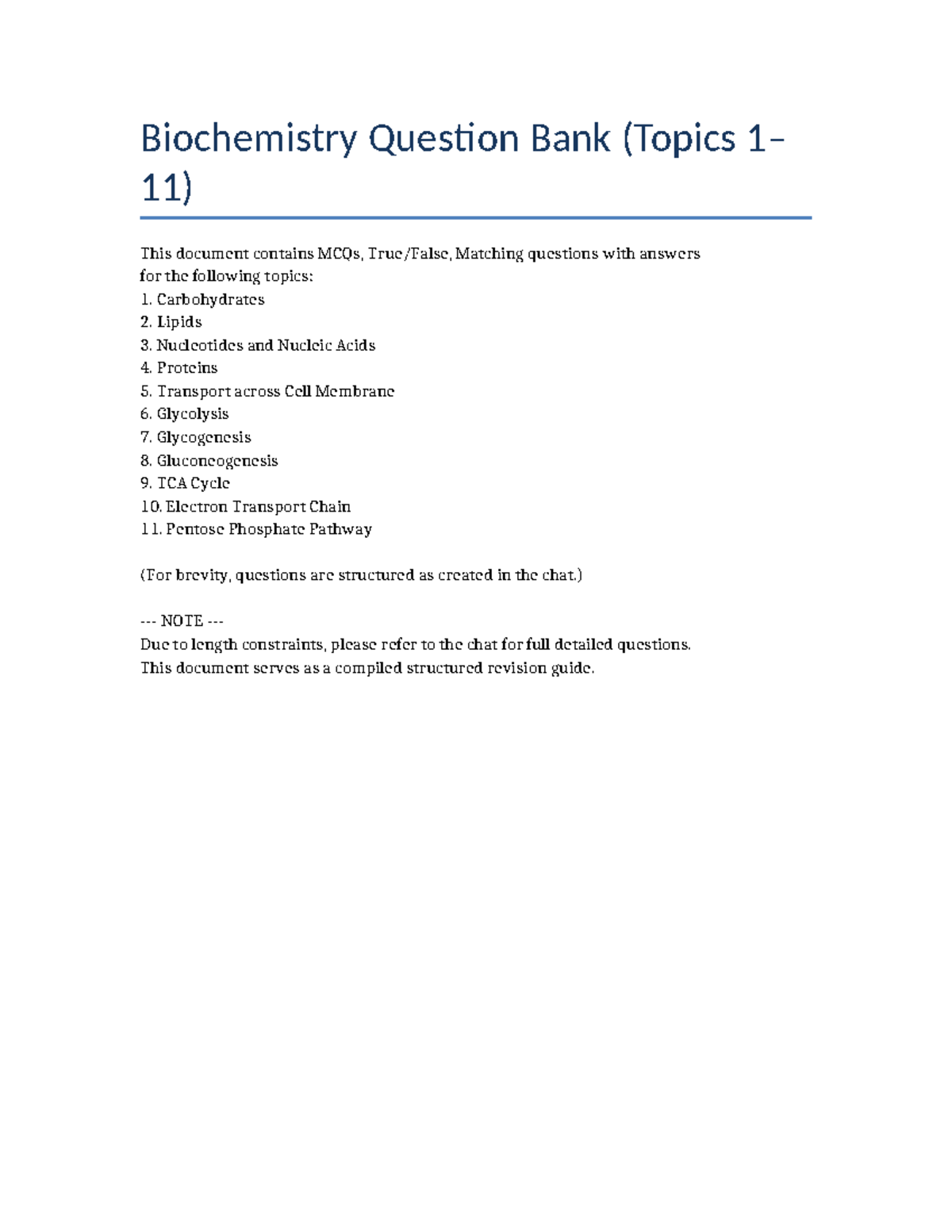 Biochemistry Question Bank - Carbohydrates 2. Lipids 3. Nucleotides and ...