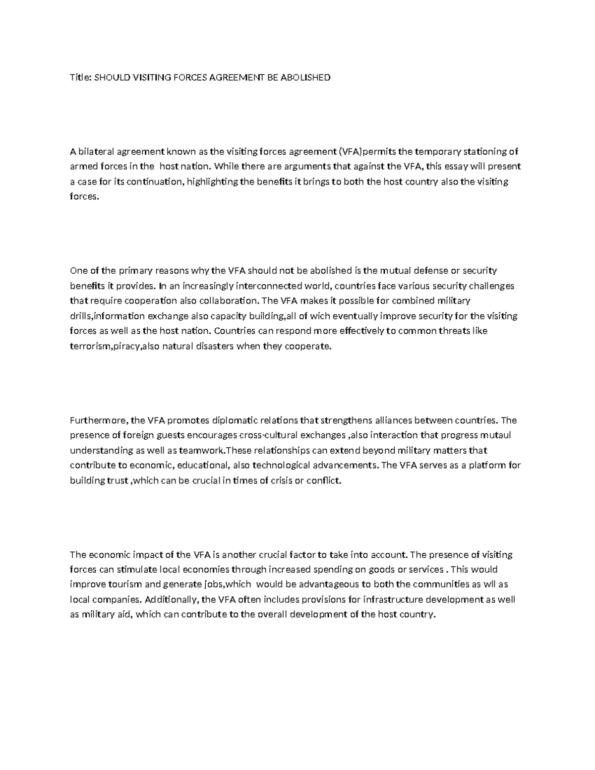 Title: Essay on the Benefits of the Visiting Forces Agreement (VFA ...