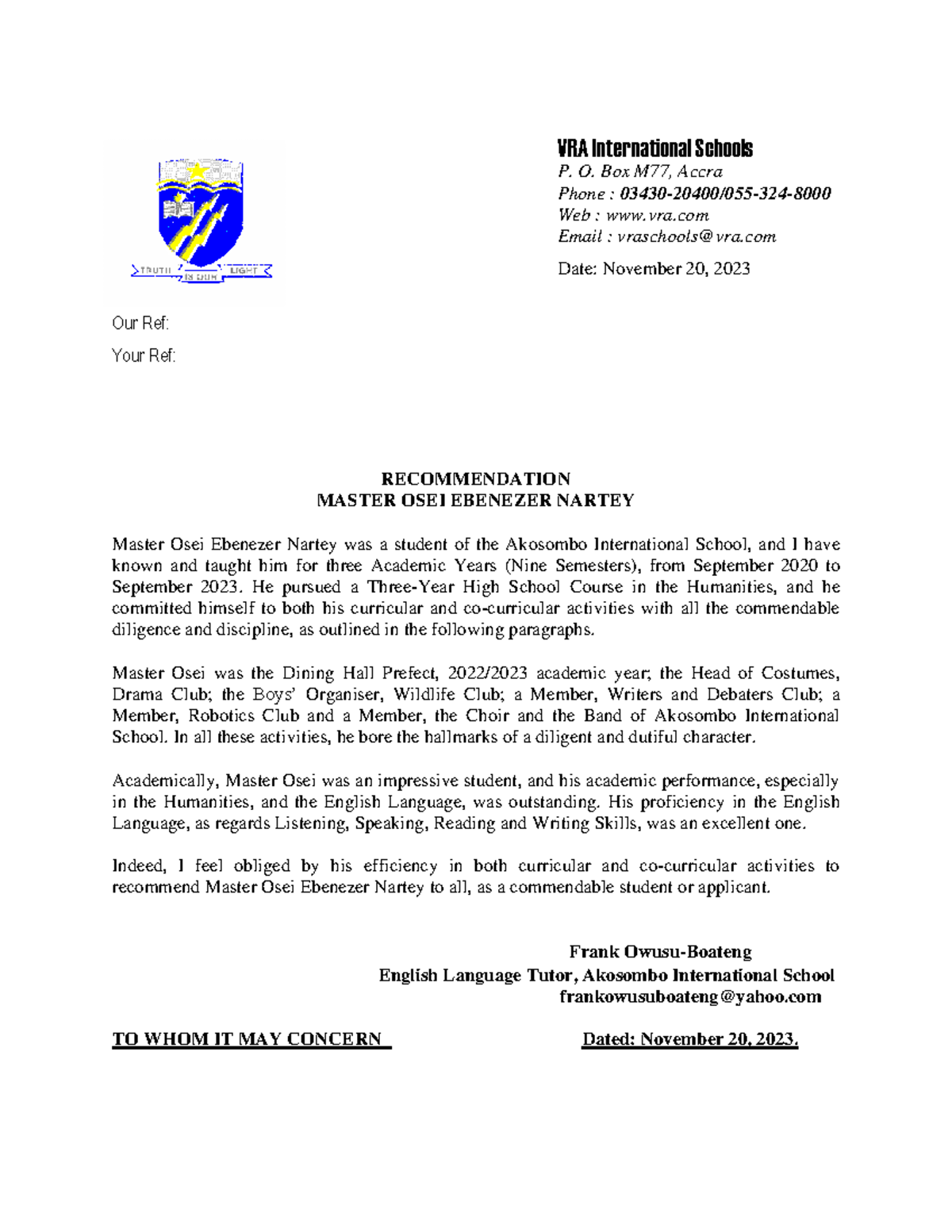 English proficiency letter and recommendation letter - VRA ...