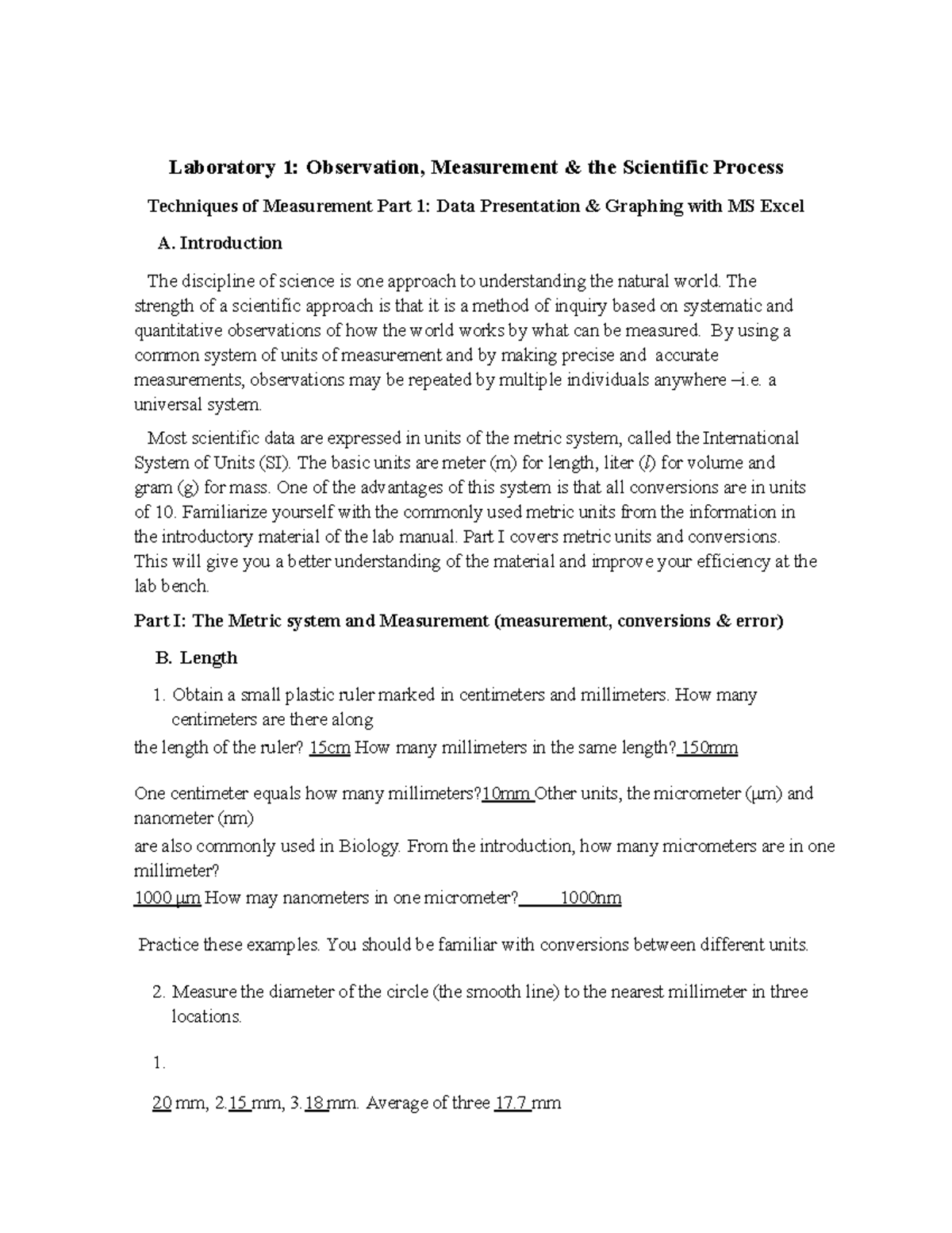 Bio Lab 1 - Measurement Techniques & Data Presentation Manual - Studocu