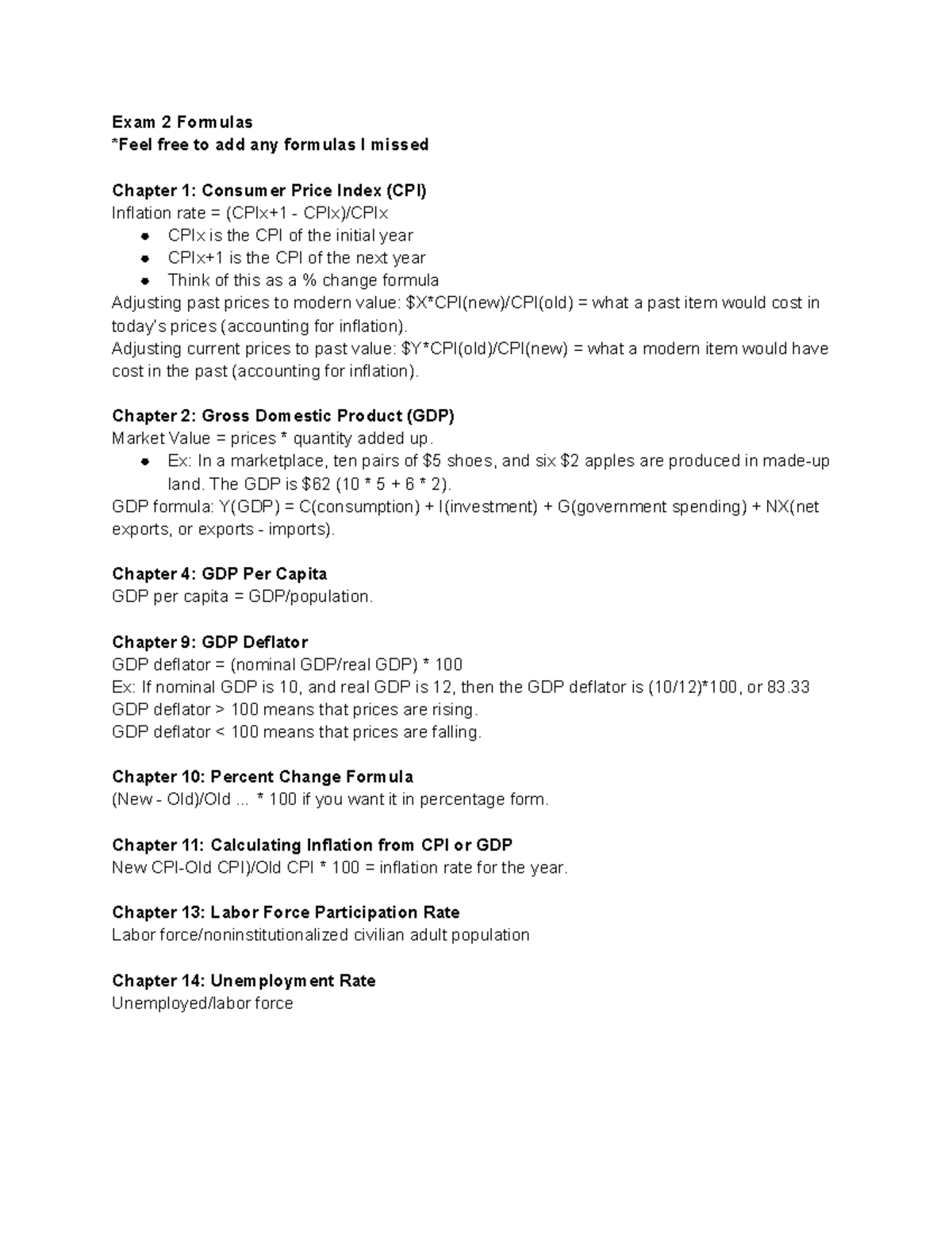 Econ Exam 2 Formulas - Exam 2 Formulas *Feel free to add any formulas I ...