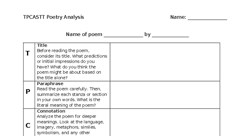 TPCASTT Analysis Worksheet for Sonnet 73 - Studocu