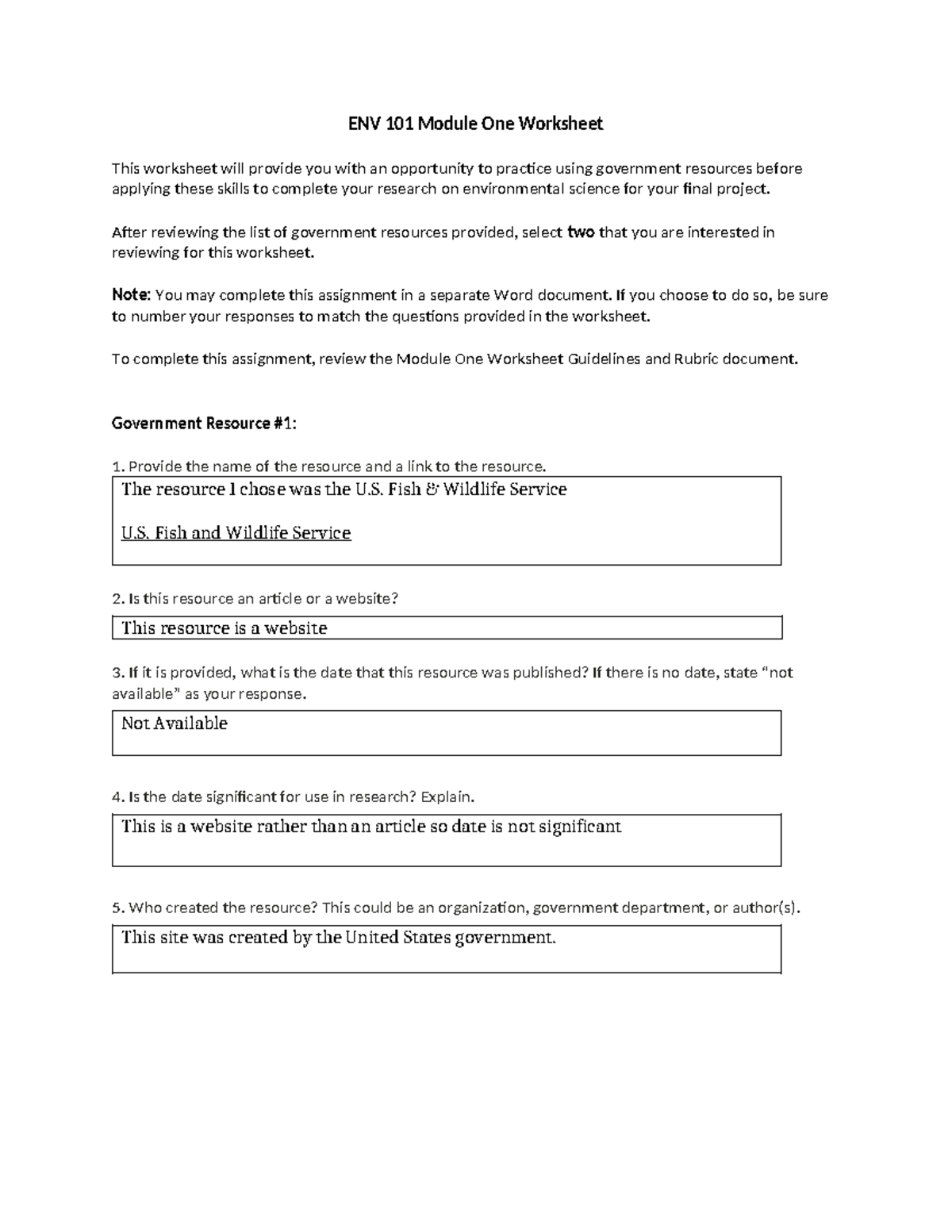 ENV 101 Module One Worksheet - ENV 101 Module One Worksheet This ...