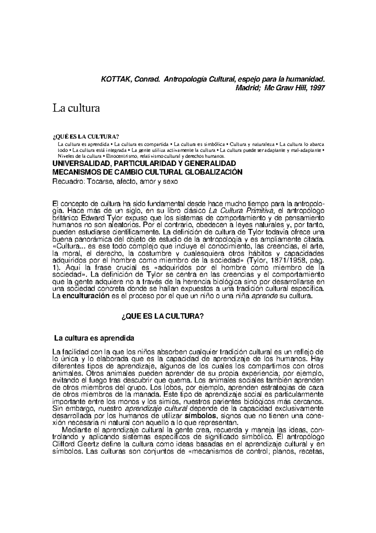 02 Kottak Capitulo 3 La Cultura - KOTTAK, Conrad. Antropología Cultural, espejo para la ...