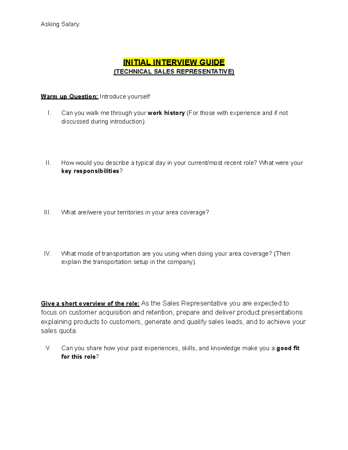 Initial Interview Guide: Technical Sales Rep (Salary Discussion) - Studocu