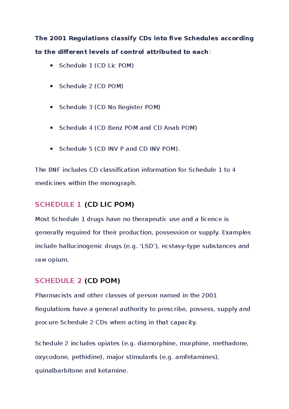 Classifications of Controlled Drugs (CDs) under 2001 Regulations - Studocu