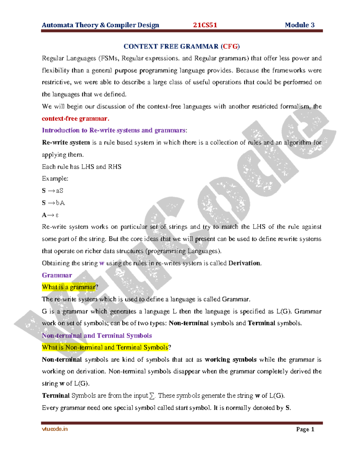 ATC M3 notes - CONTEXT FREE GRAMMAR (CFG) Regular Languages (FSMs ...