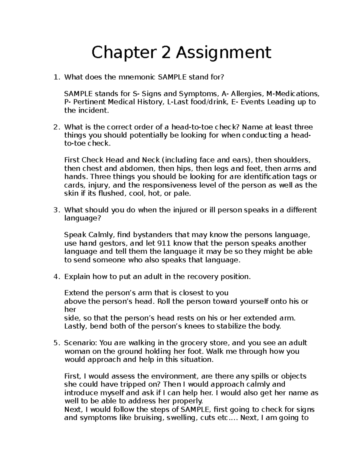 Chapter 2 Assignment: Understanding SAMPLE and Patient Checks - Studocu
