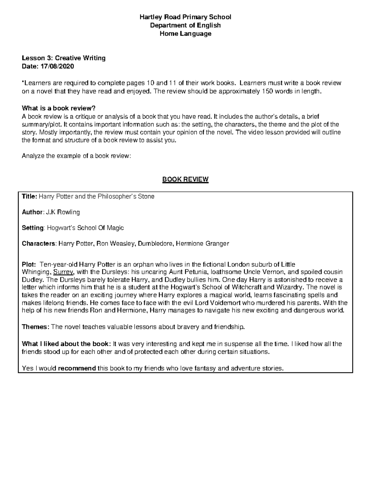 ENG 101: Lesson 3 - Creative Writing Book Review Guide - Studocu