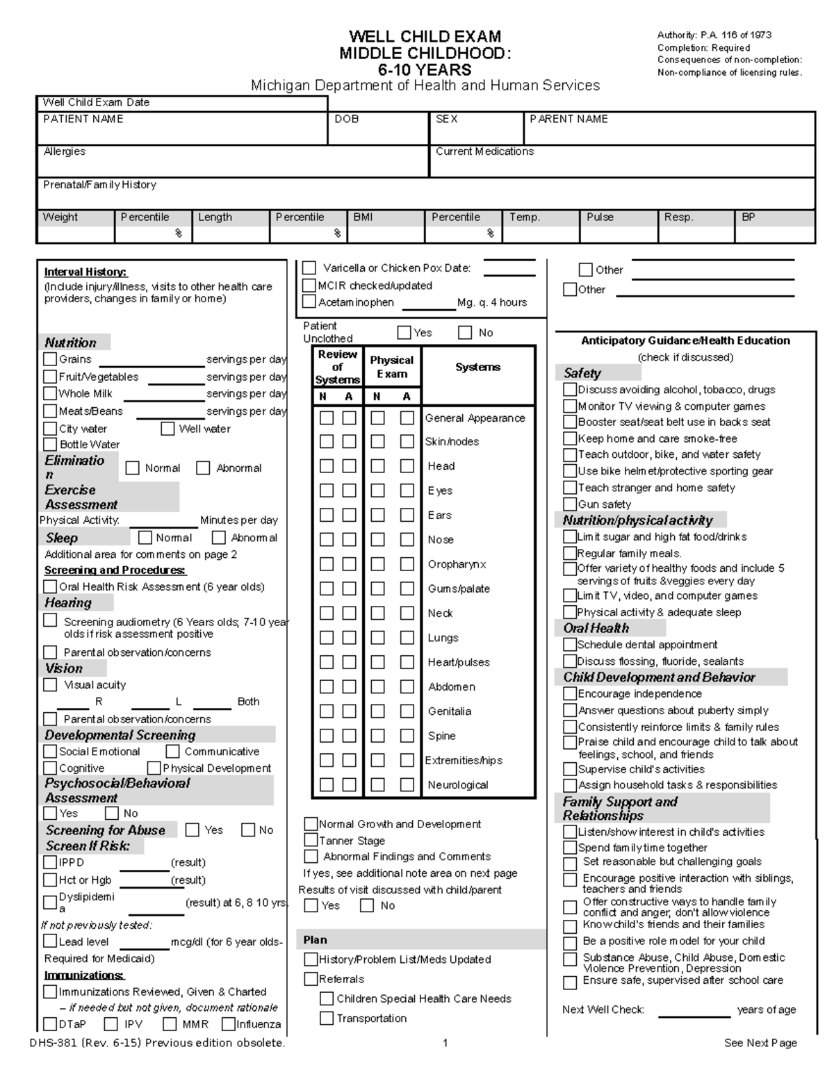 Well Child Exam Form for Middle Childhood (Ages 6-10) - Developmental ...
