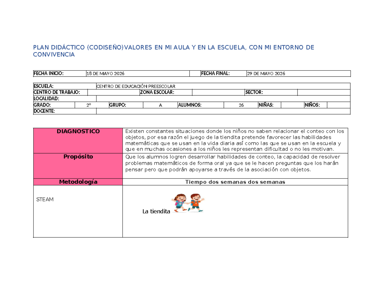 PLAN DIDÁCTICO: VALORES EN MI AULA Y ESCUELA (CODISEÑO) - Studocu