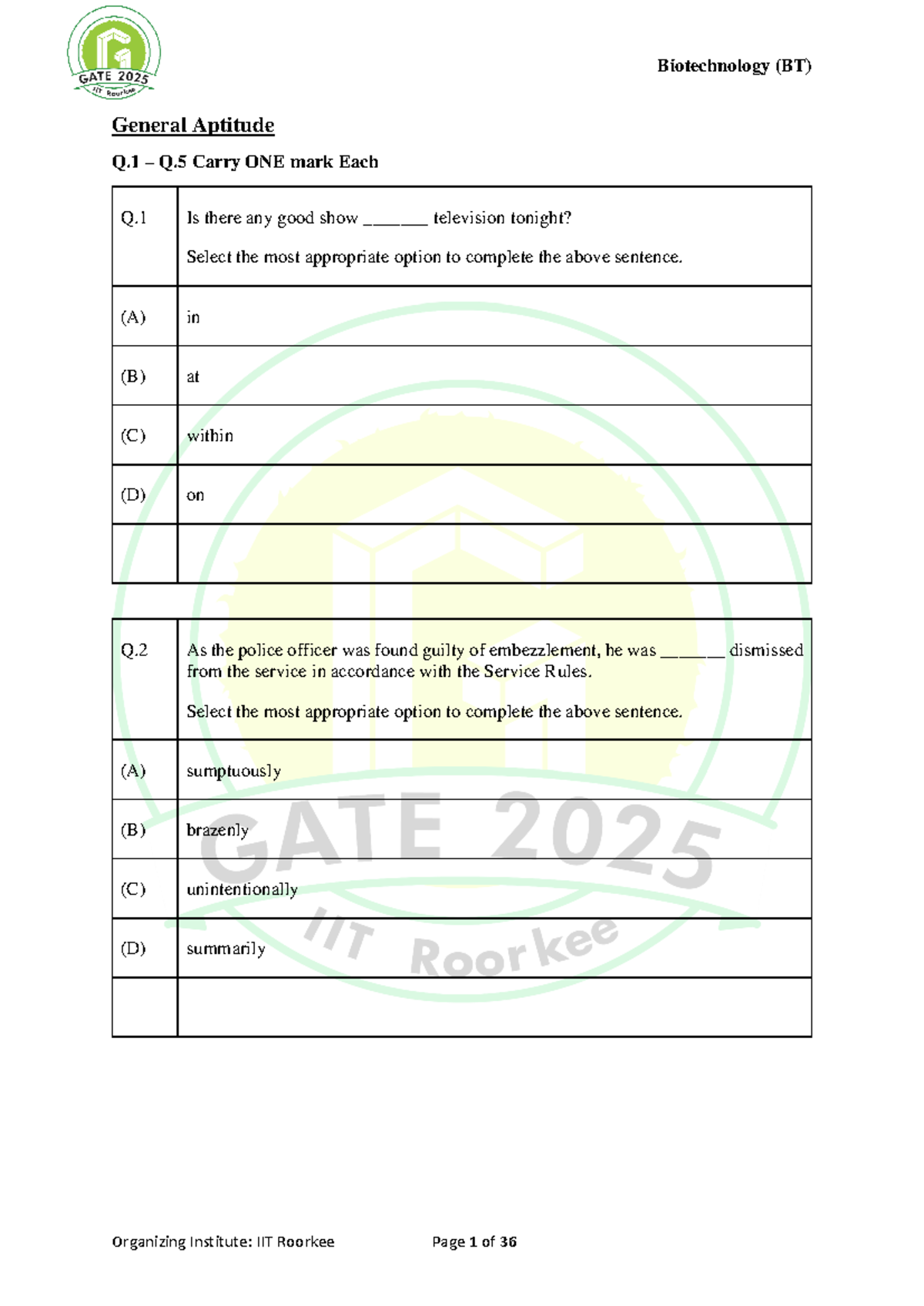 Biotechnology (BT) GATE 2025 General Aptitude Questions Q.1-Q.35 - Studocu