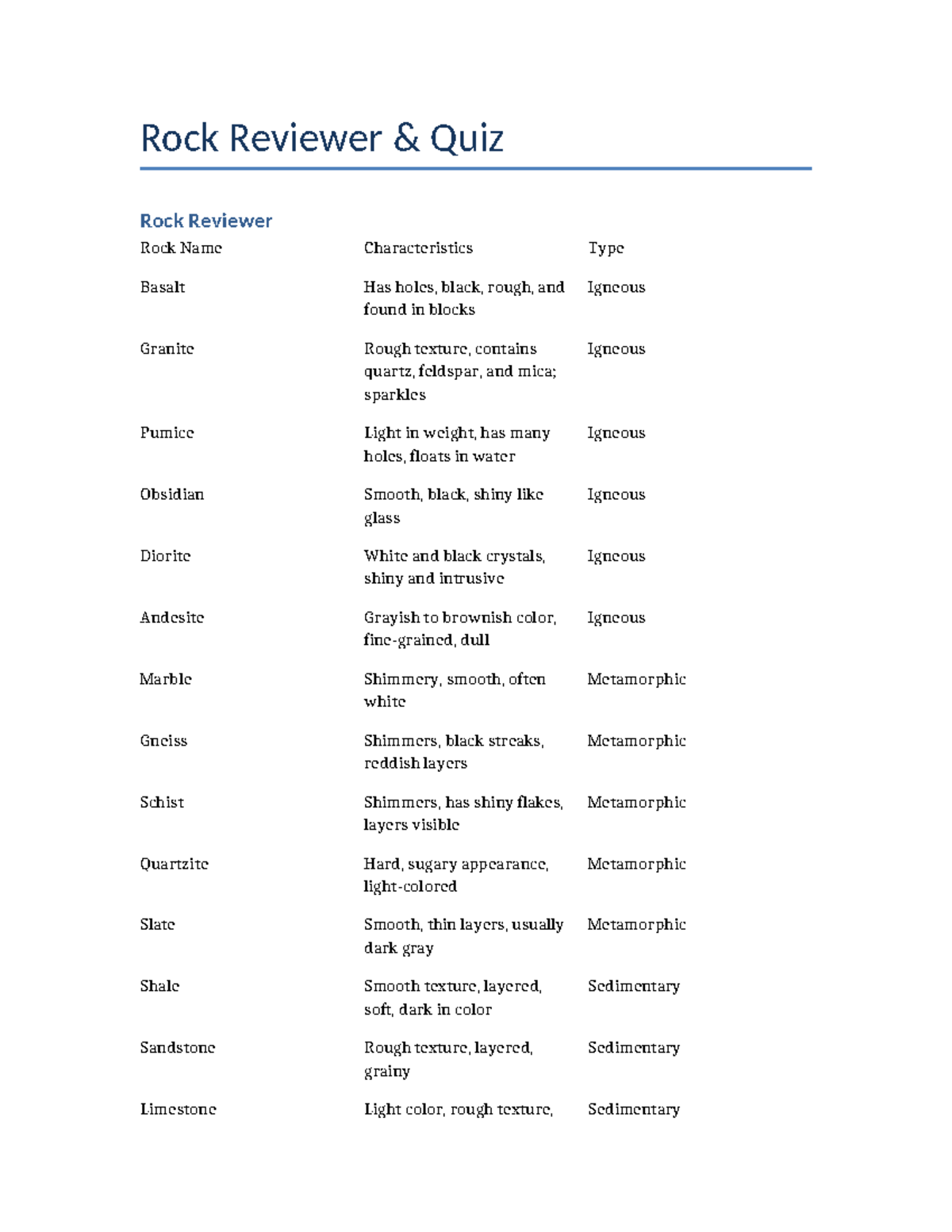 Earth Science Rock Types Quiz (ES101) - Studocu