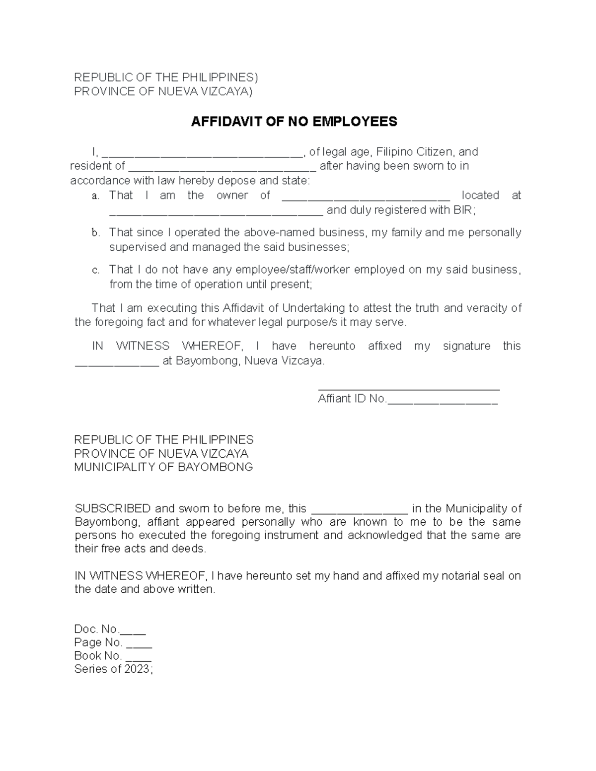 Affidavit of No Employees - Legal Document for BIR Registration - Studocu