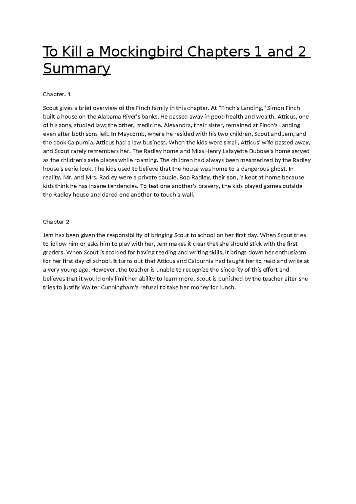 To Kill a Mockingbird: Summary of Chapters 1 & 2 - Studocu