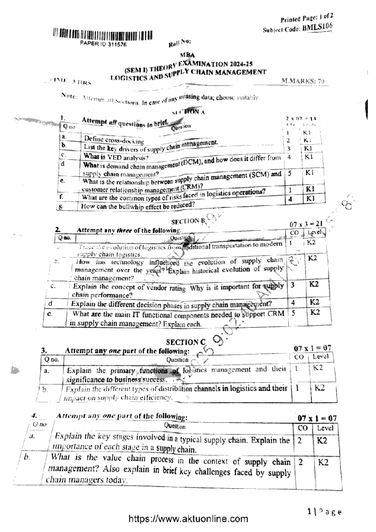 MBA 1 Sem Logistics & Supply Chain Management BMLS106 Exam Feb 2025 ...