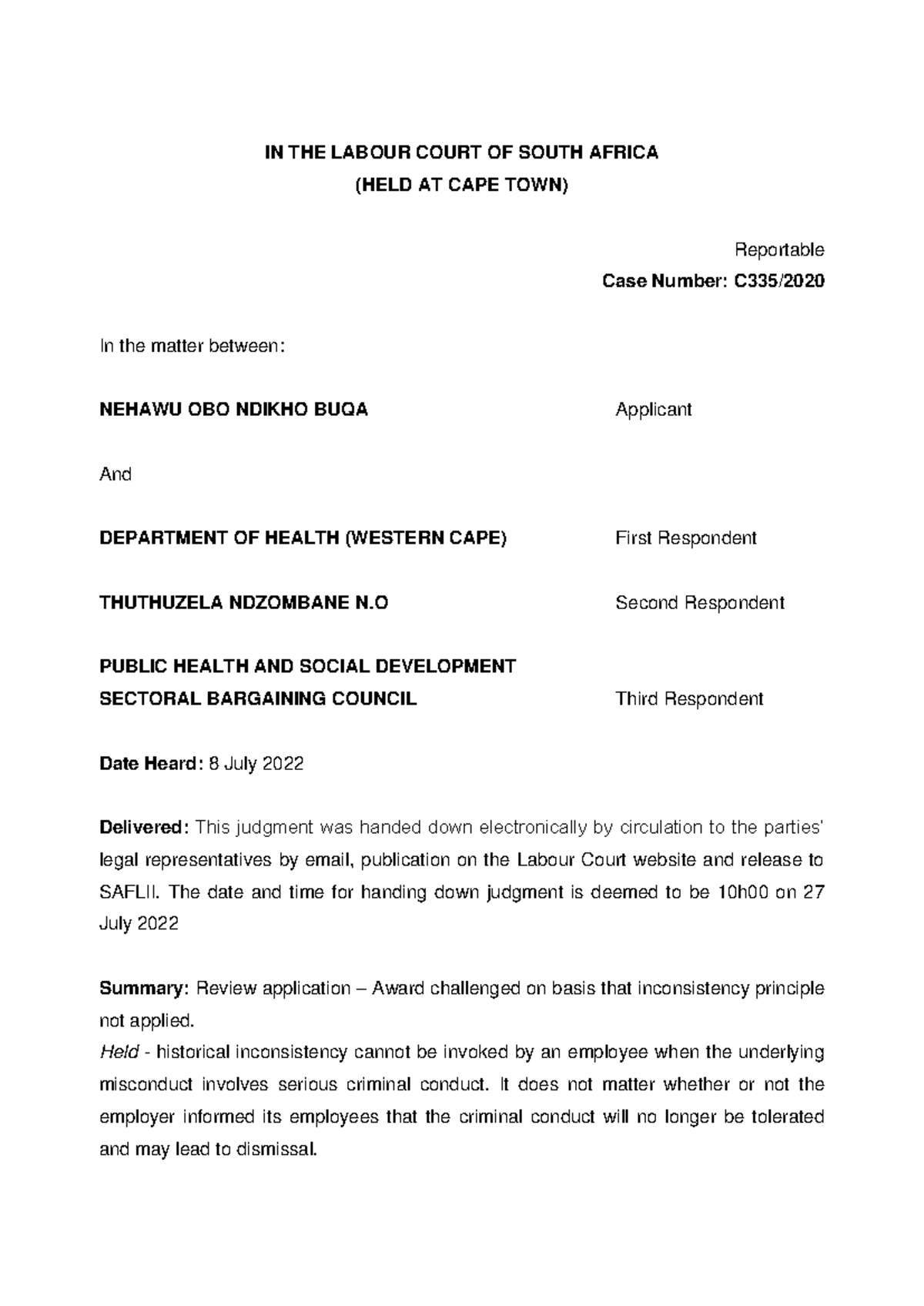 Nehawu Obo Buqa v Department of Health: Review of Dismissal Case C335 ...