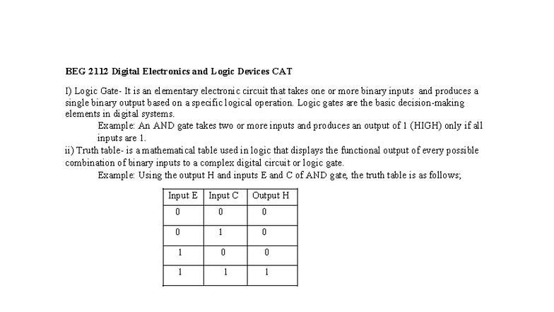 BEG 2112 Digital Electronics & Logic Devices: CAT I Logic Gates - Studocu