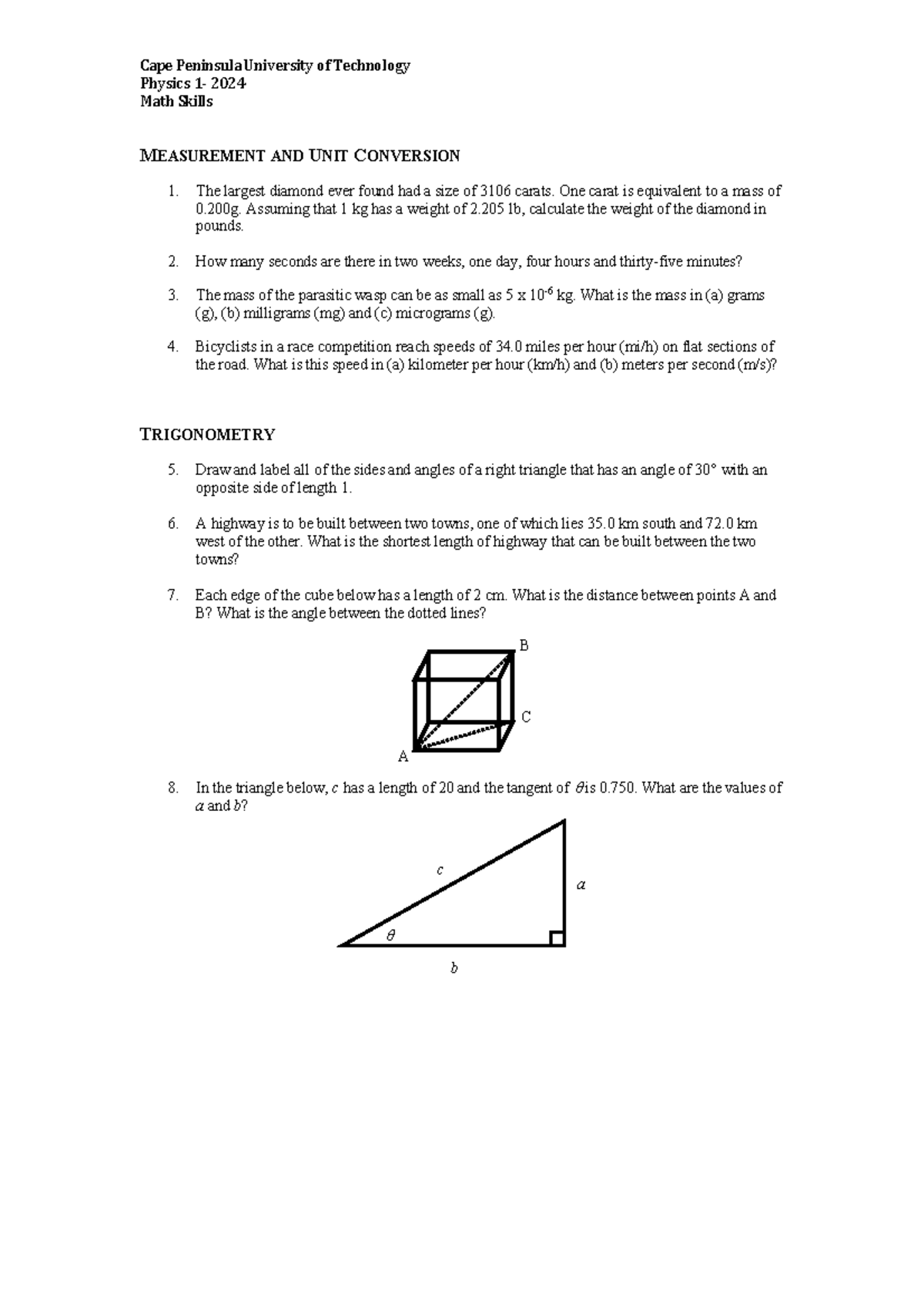 Physics 1 PHB150S: Math Skills for Measurement & Trigonometry ...