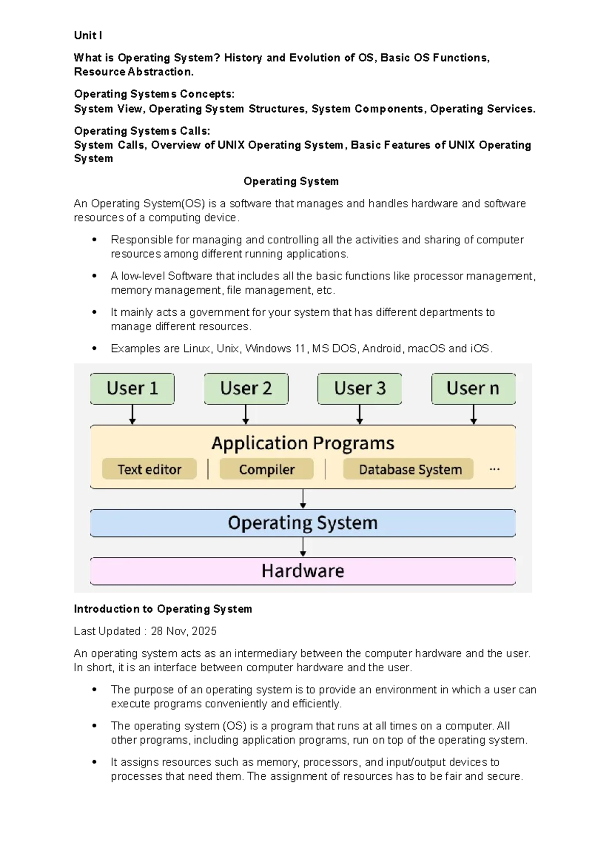 Unit I: Introduction to Operating Systems - Concepts & Functions (BSC ...