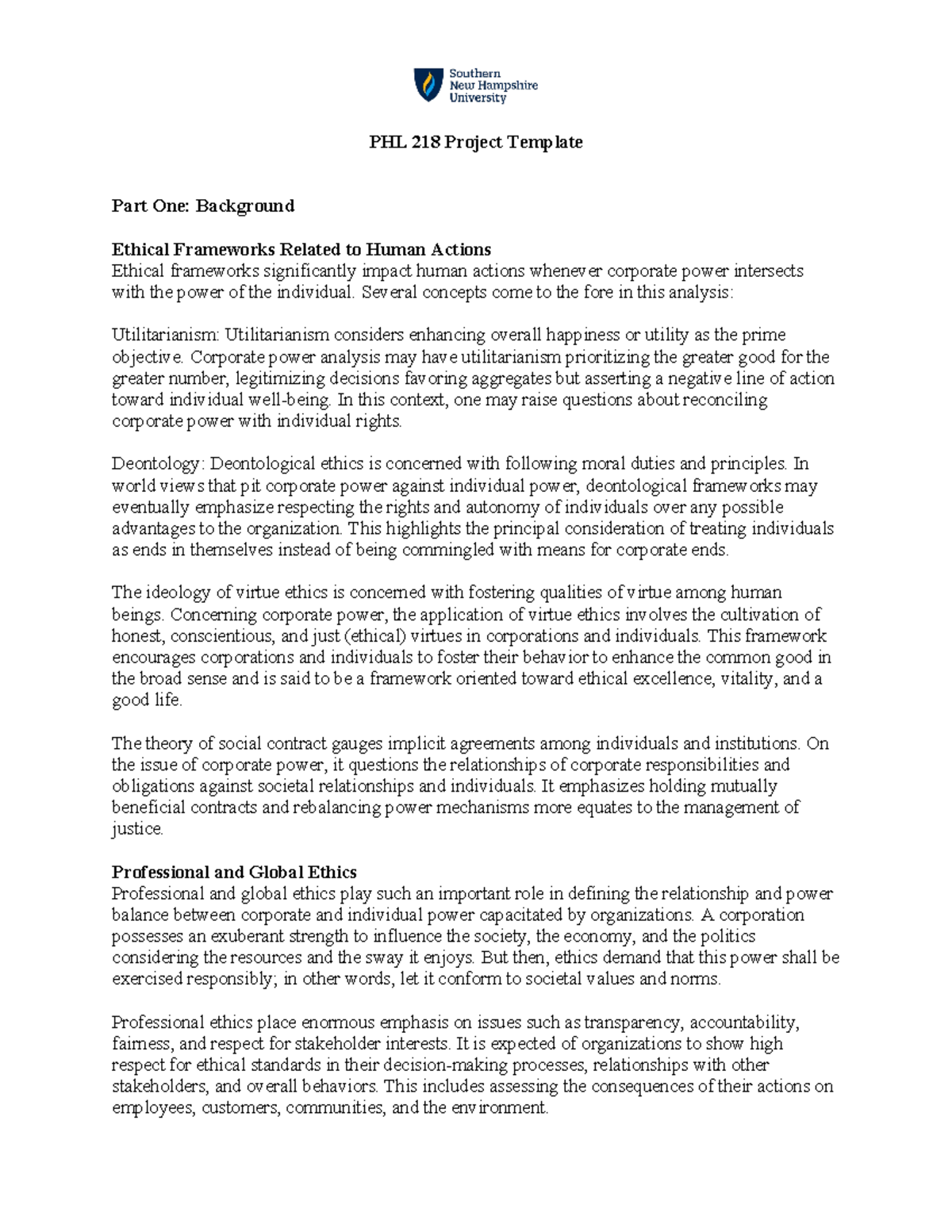 PHL 218 Project Template: Ethical Frameworks in Corporate vs. Individual Power - Studocu