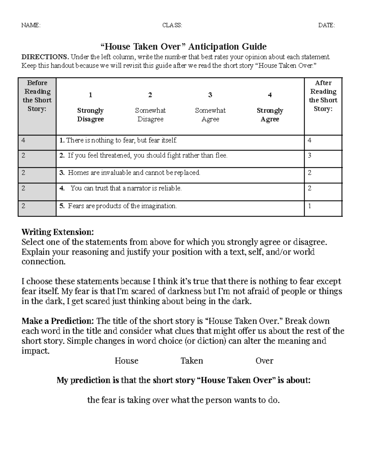 House Taken Over Anticipation Guide and Vocabulary Notes - Studocu