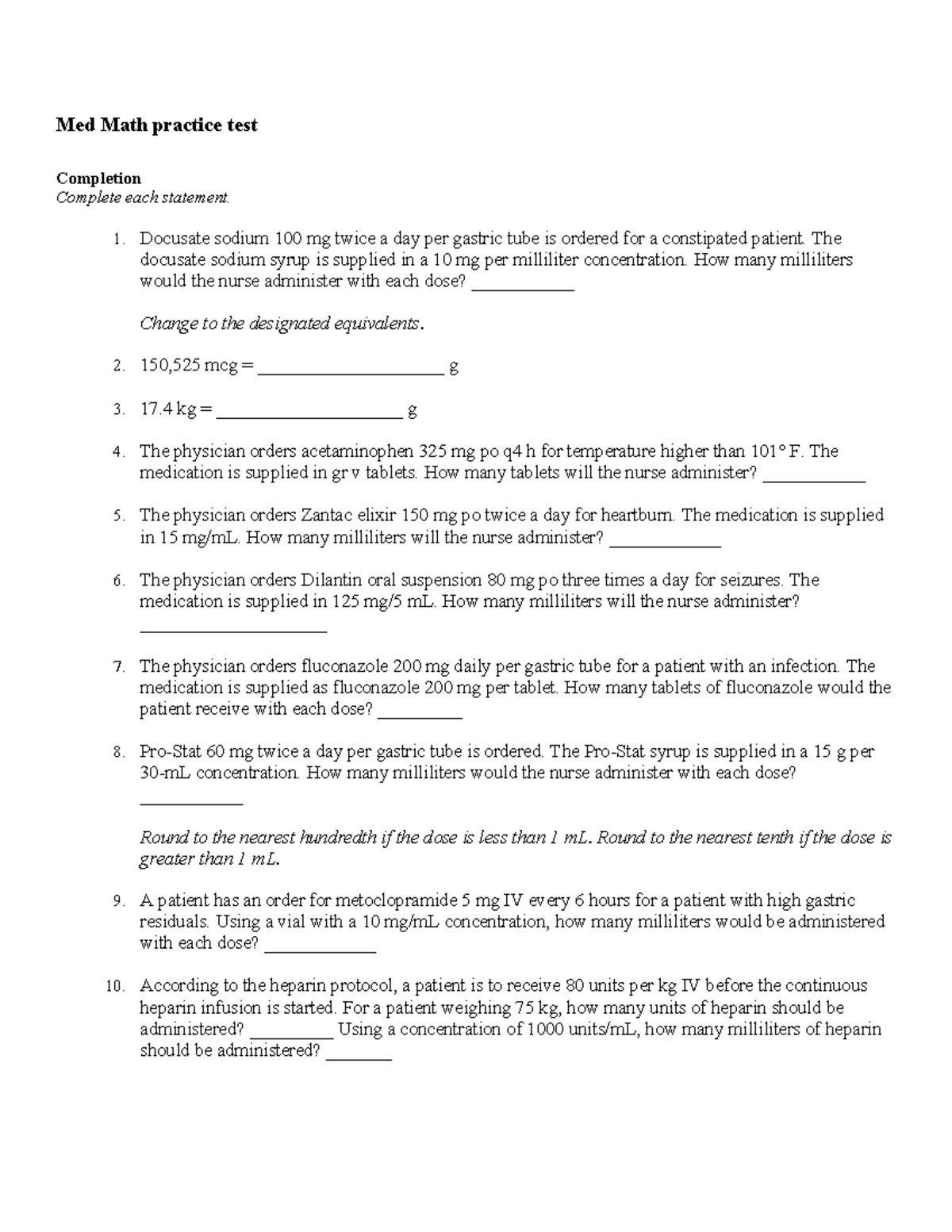 Med Math Practice Test: Medication Calculations for Nursing Students ...