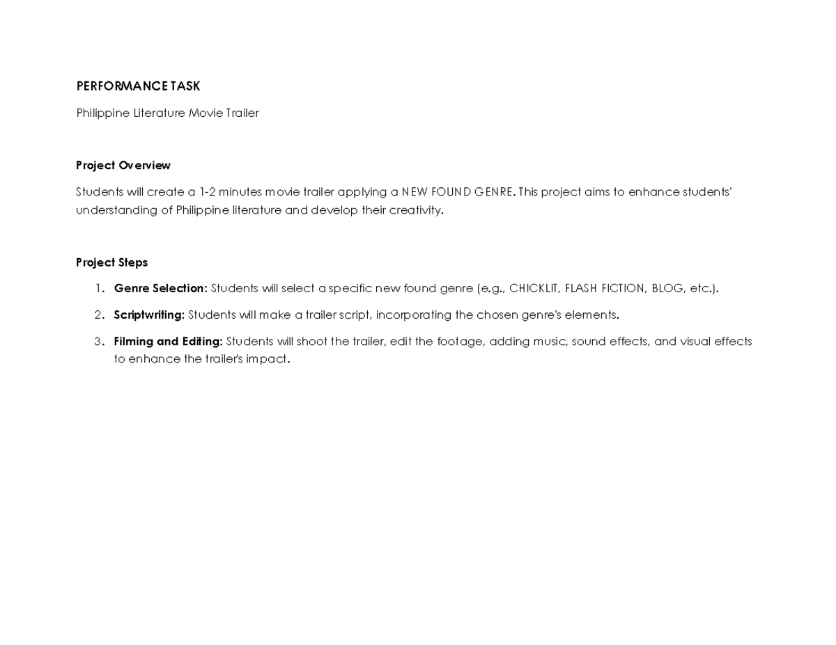 Performance Task: PhLit Movie Trailer Project Overview - Studocu