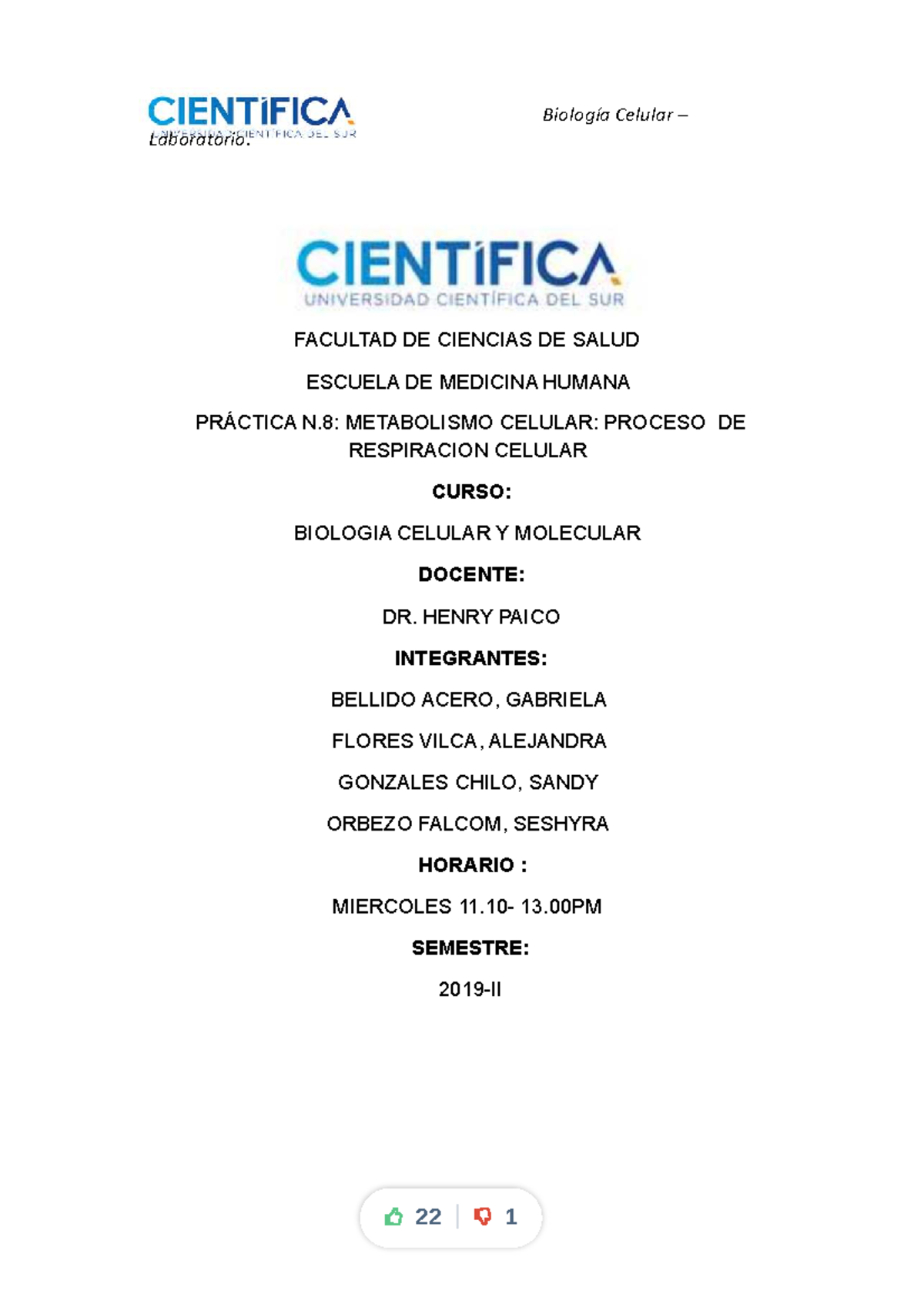 Informe-8-respiracion-celular compress - Laboratorio. FACULTAD DE ...