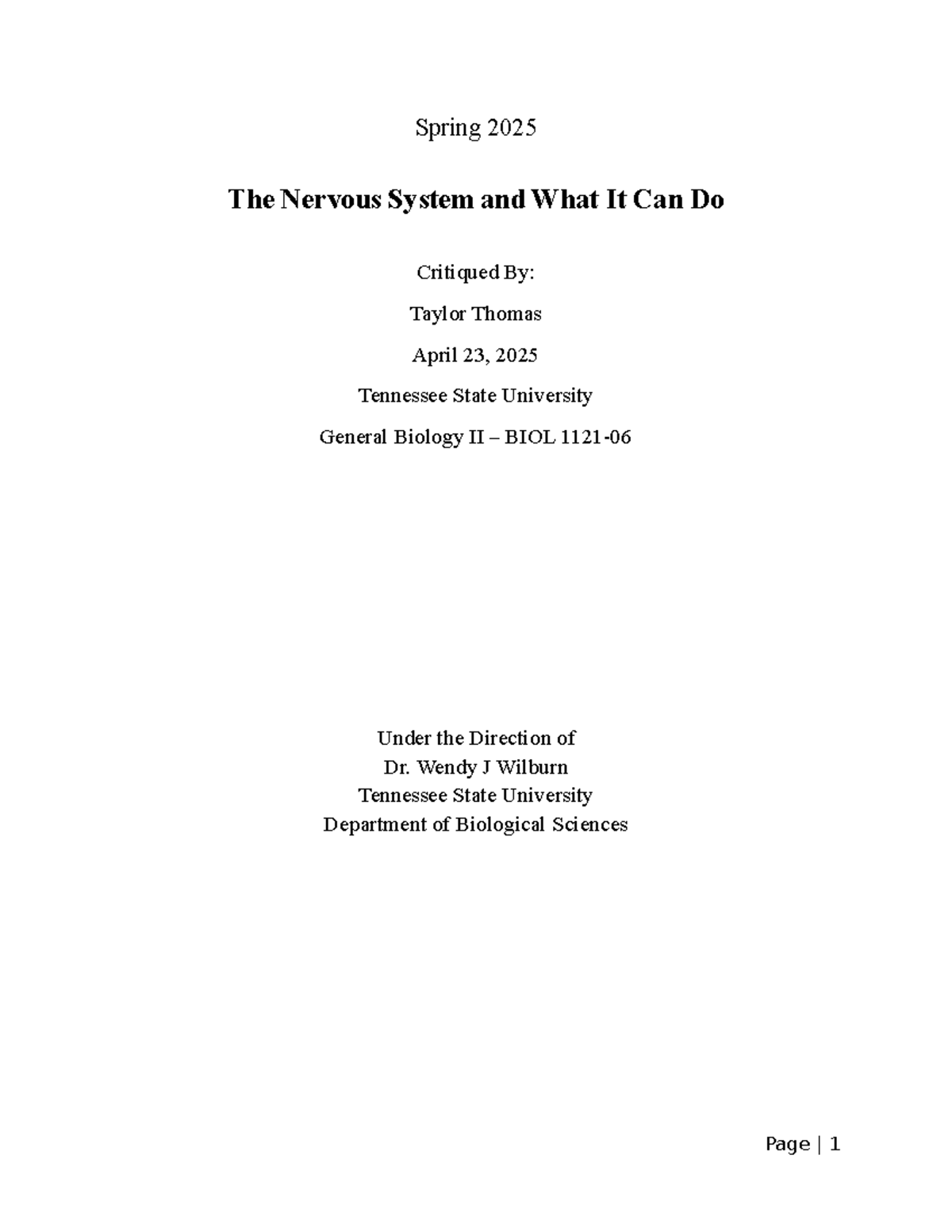The Nervous System - A quick assignment to help study - Spring 2025 The ...