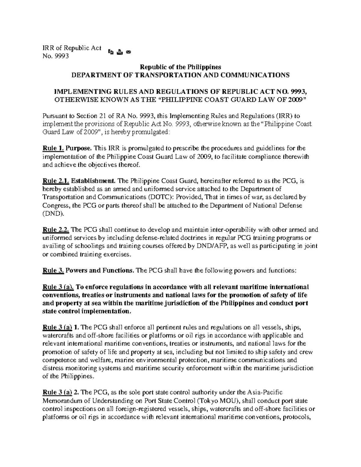 Implementing Rules & Regs (IRR) of RA No. 9993: The PCG Law 2009 - Studocu