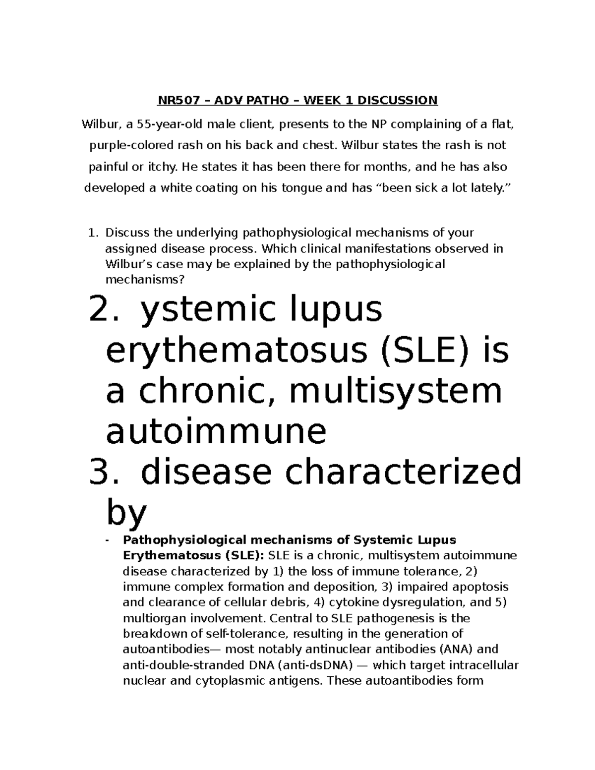 NR507 ADV PATHO WEEK 1 DISCUSSION: Analyzing SLE in Patient Case - Studocu