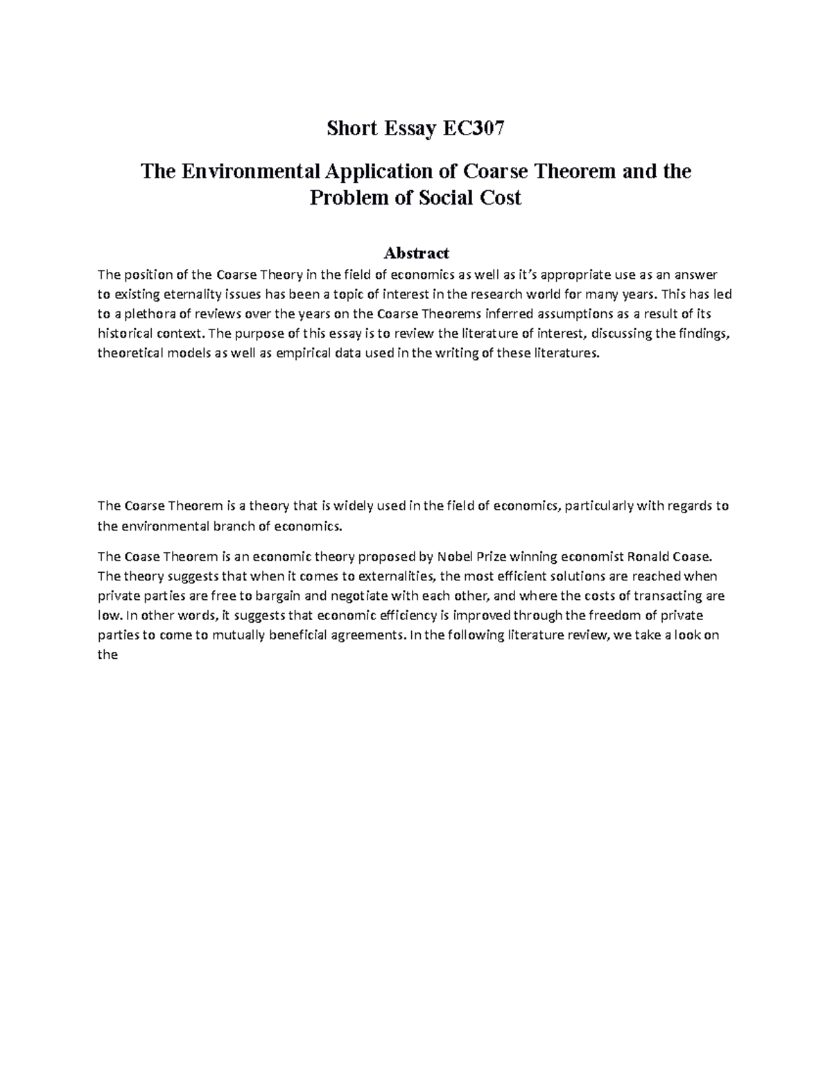 Short Essay on Coase Theorem & Social Cost (EC307) - Studocu