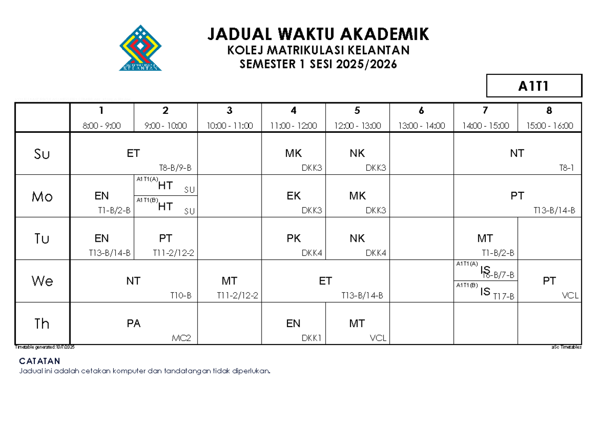 Jadual Waktu Akademik Semester 1 A1T1 - A3T4 Kolej Matrikulasi - Studocu