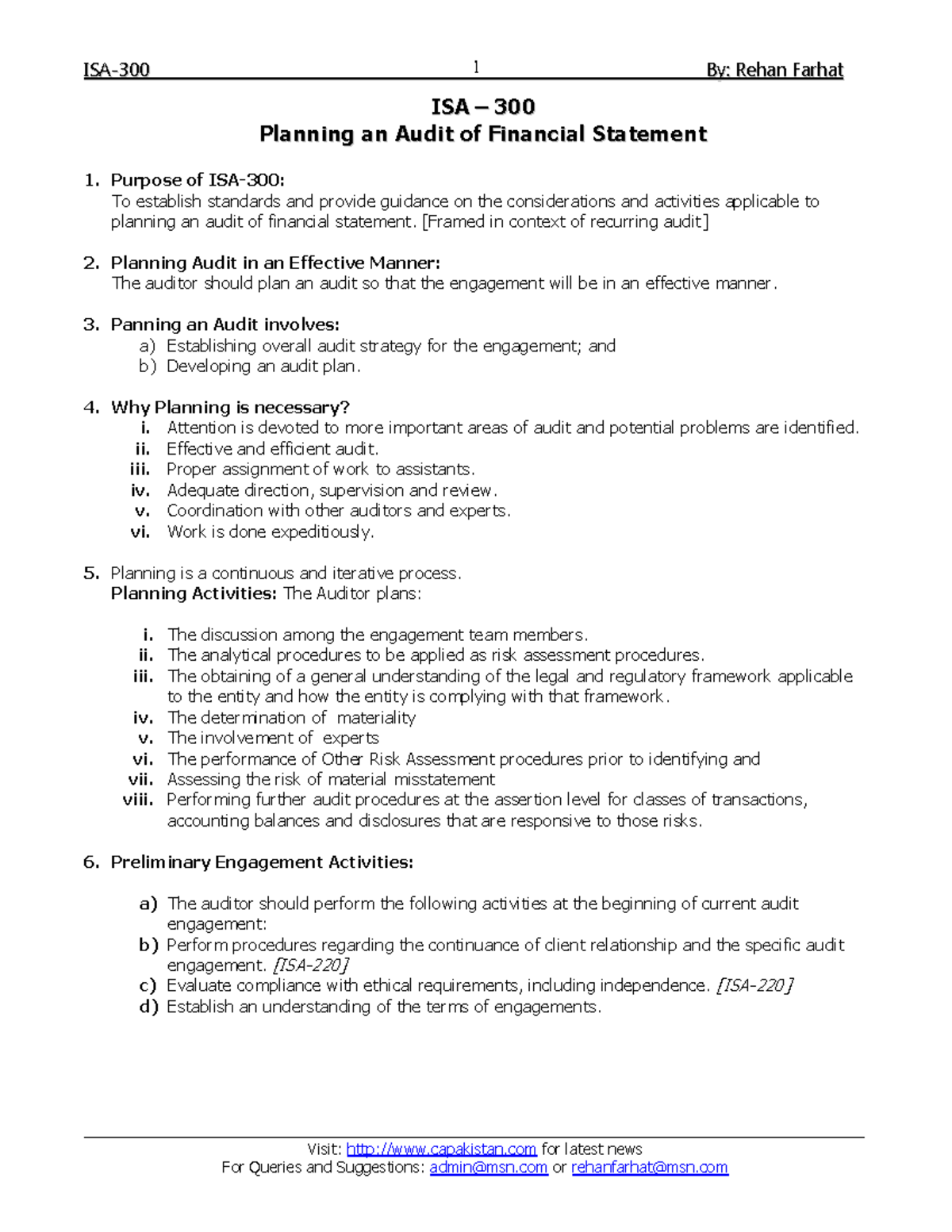 Planning an audit of financial statements - ISA 300 notes by Rehan ...