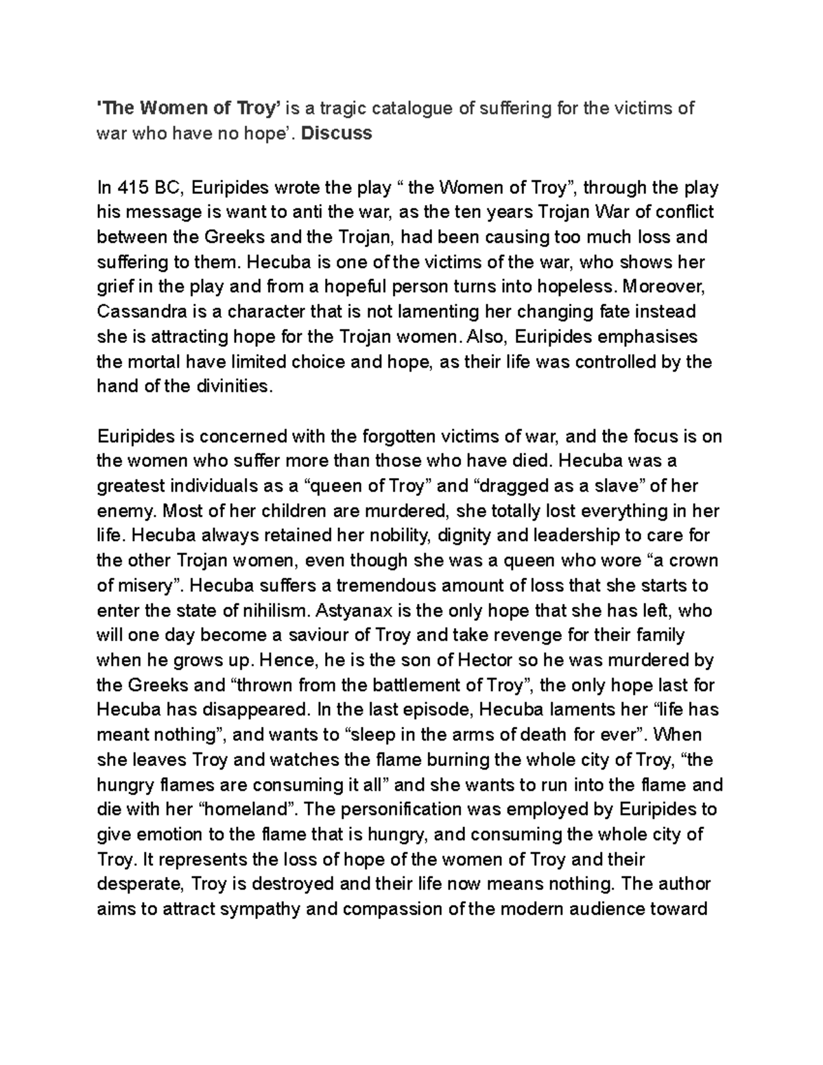 2nd Essay - Women of Troy: Suffering and Hope in Euripides' Play - Studocu