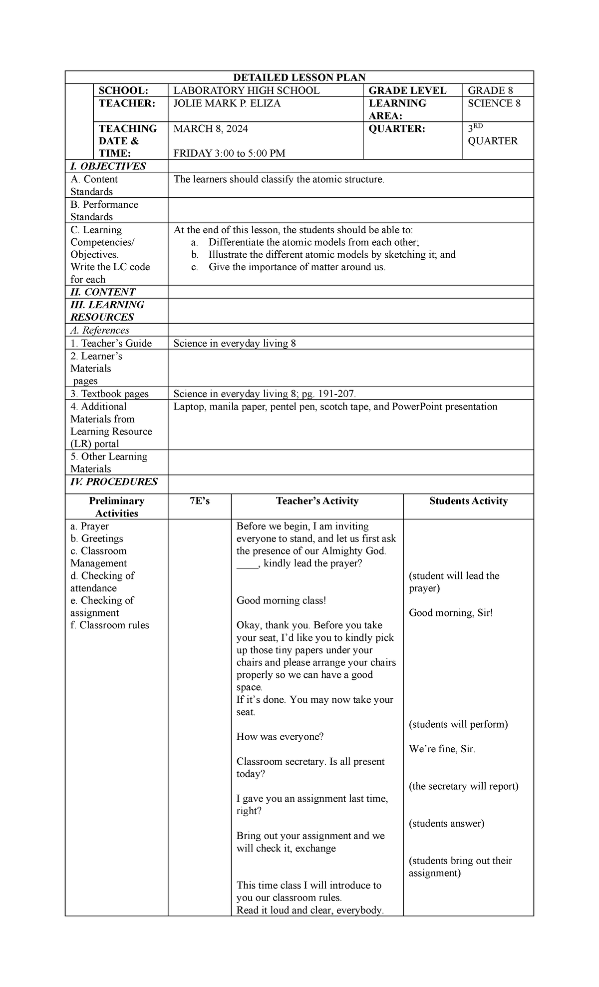 Detailed Lesson Plan: Atomic Models for Science 8 - Studocu