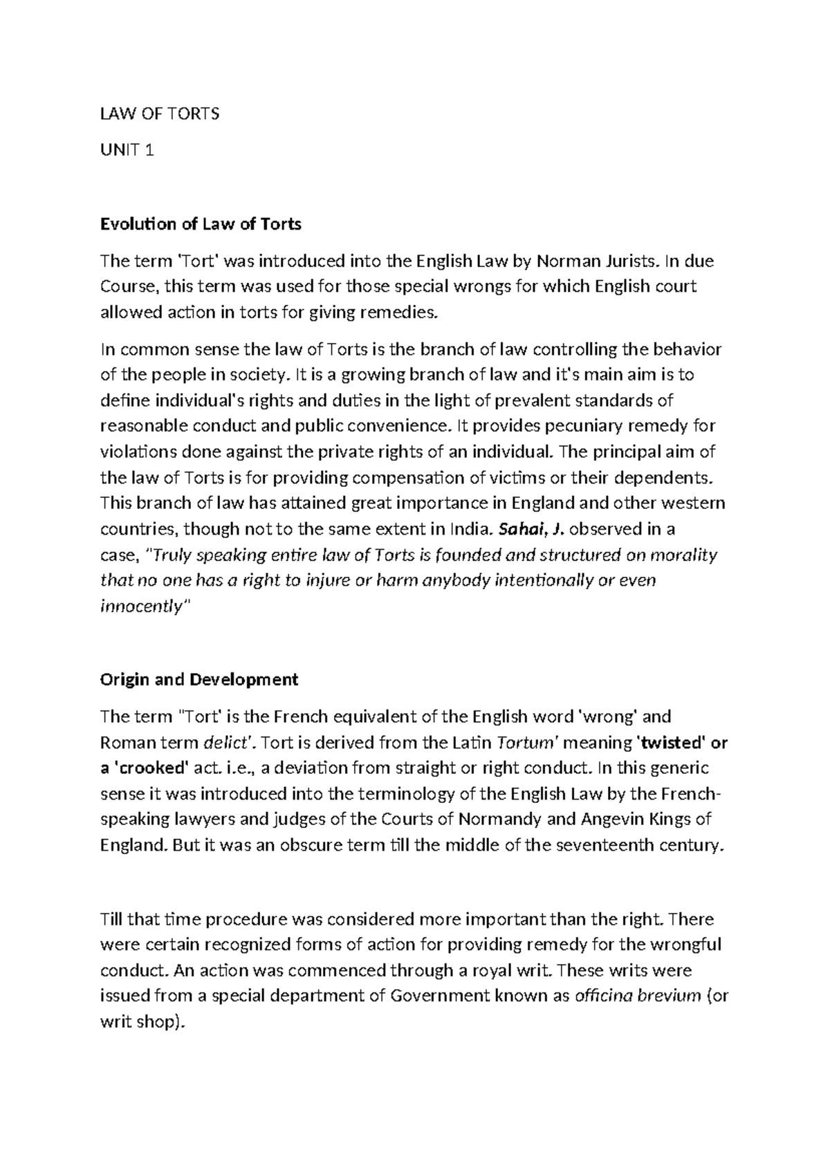 LAW OF TORTS UNIT 1: Evolution and Development of Tort Law - Studocu