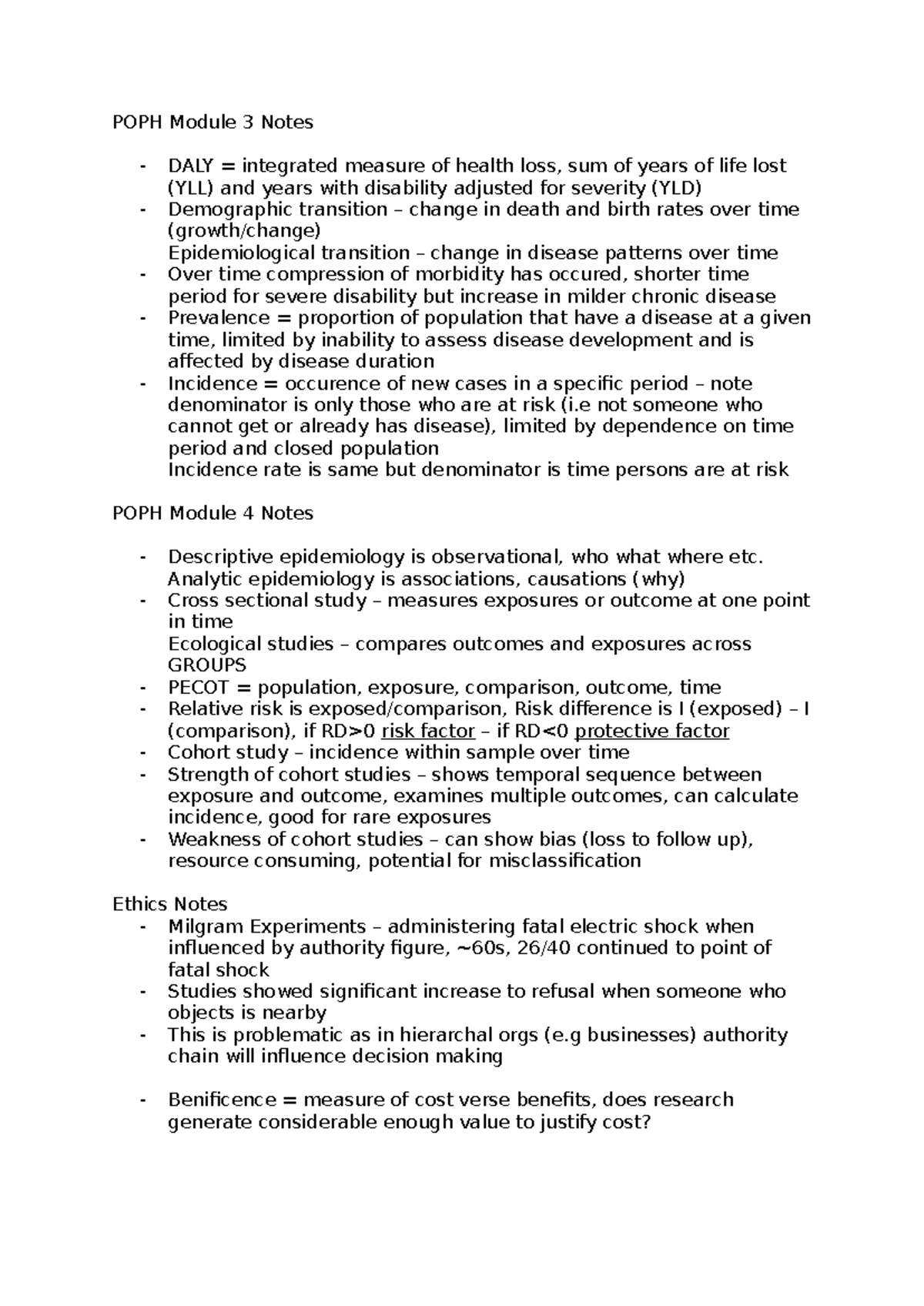 POPH Module 3 & 4 Notes: Health Loss, Epidemiology, and Ethics Insights ...