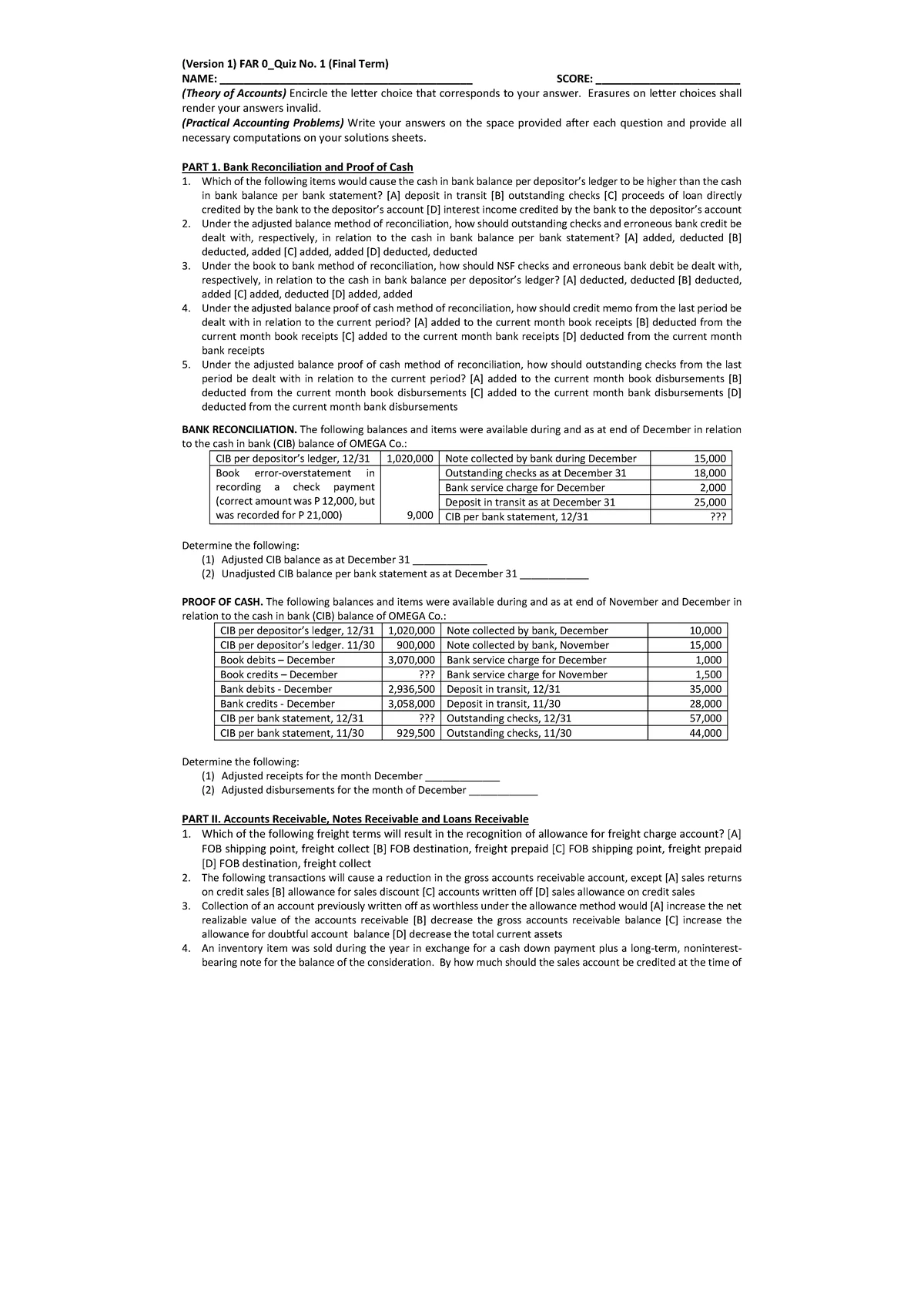 Ans Key Q1FT V2 - Final Term Quiz 1 Accounting Problems - Studocu
