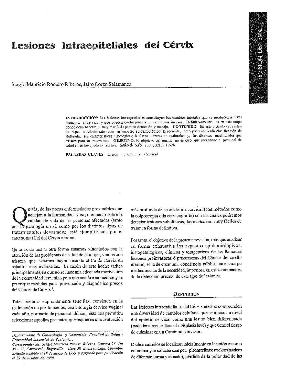 Revisión de Lesiones Intraepiteliales del Cérvix - Salud UIS 32(1 ...