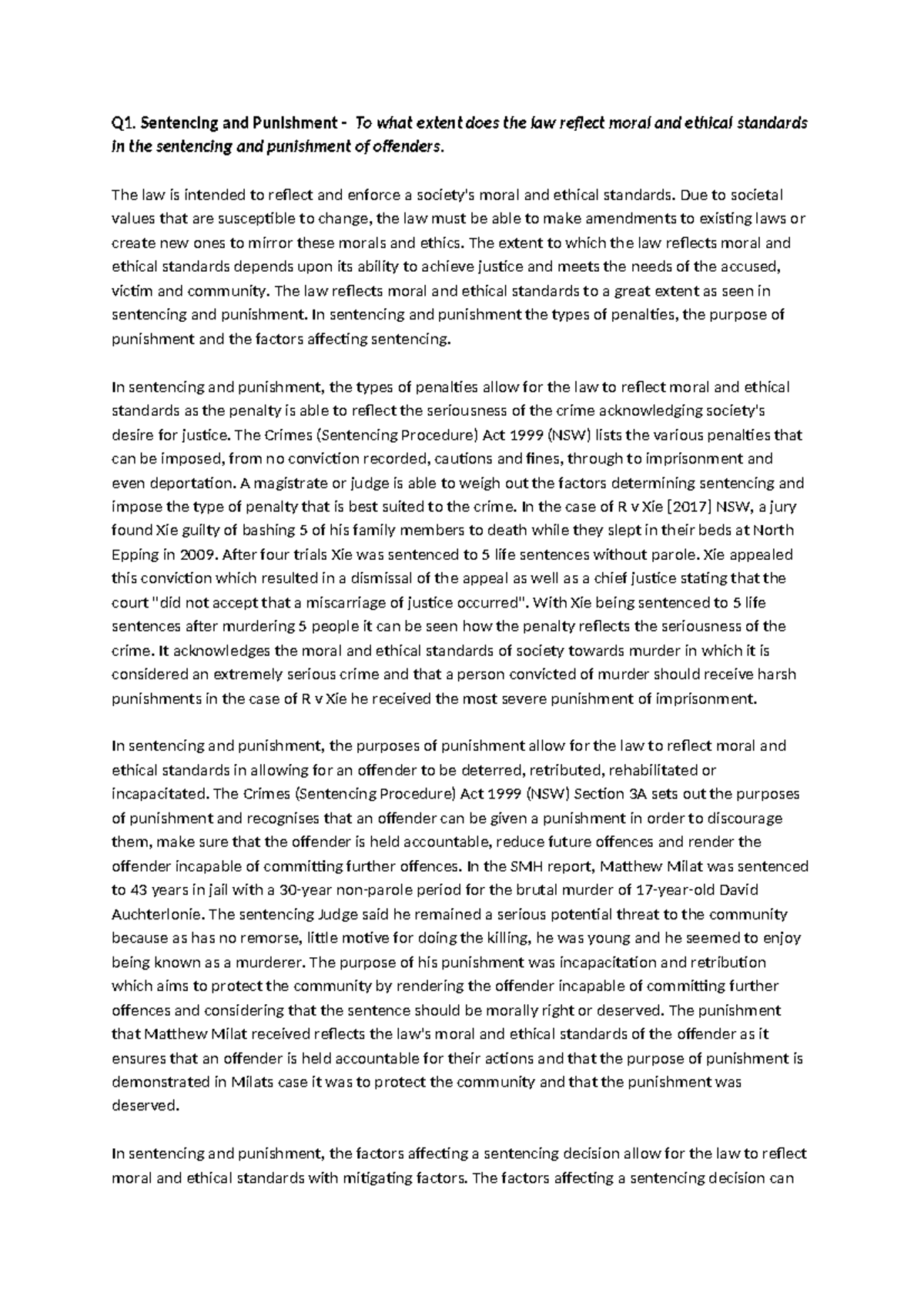 Sentencing & Punishment Essay: Legal Reflection of Morals (LAW101 ...