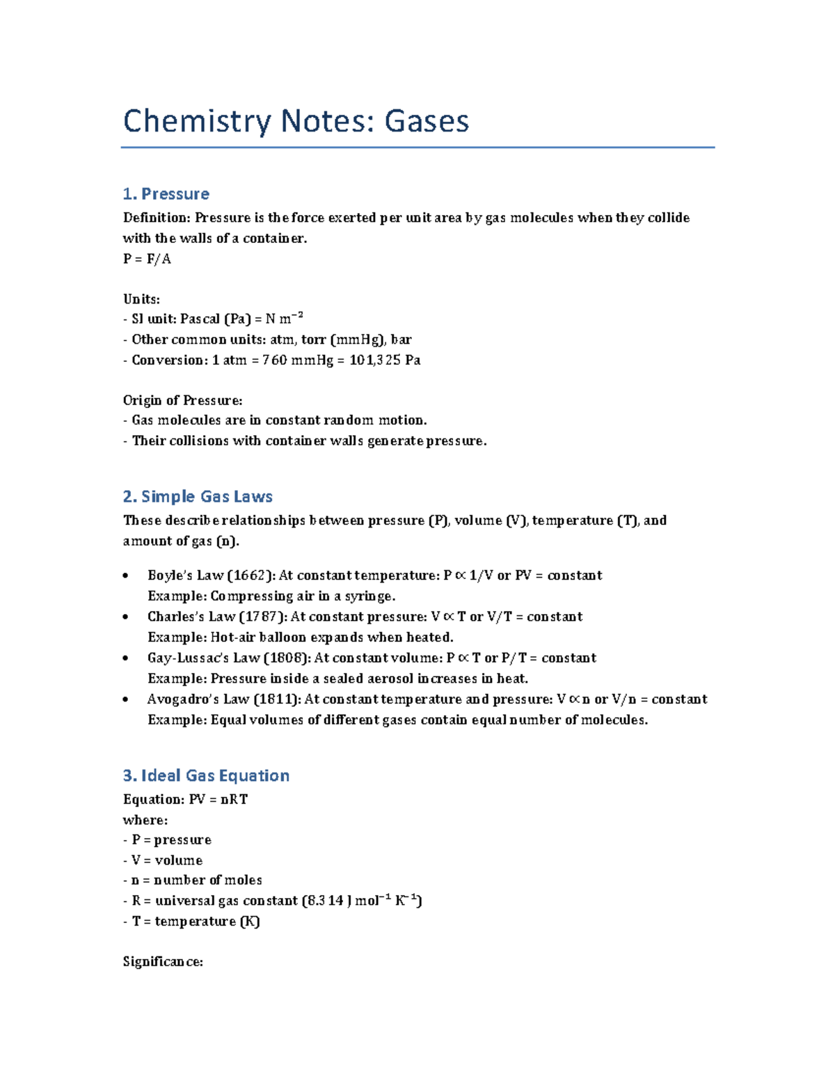 Chemistry 101: Gases Notes and Key Concepts - Studocu