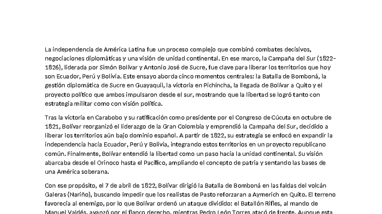 Campaña del Sur: Ensayo sobre la Independencia de América Latina - Studocu