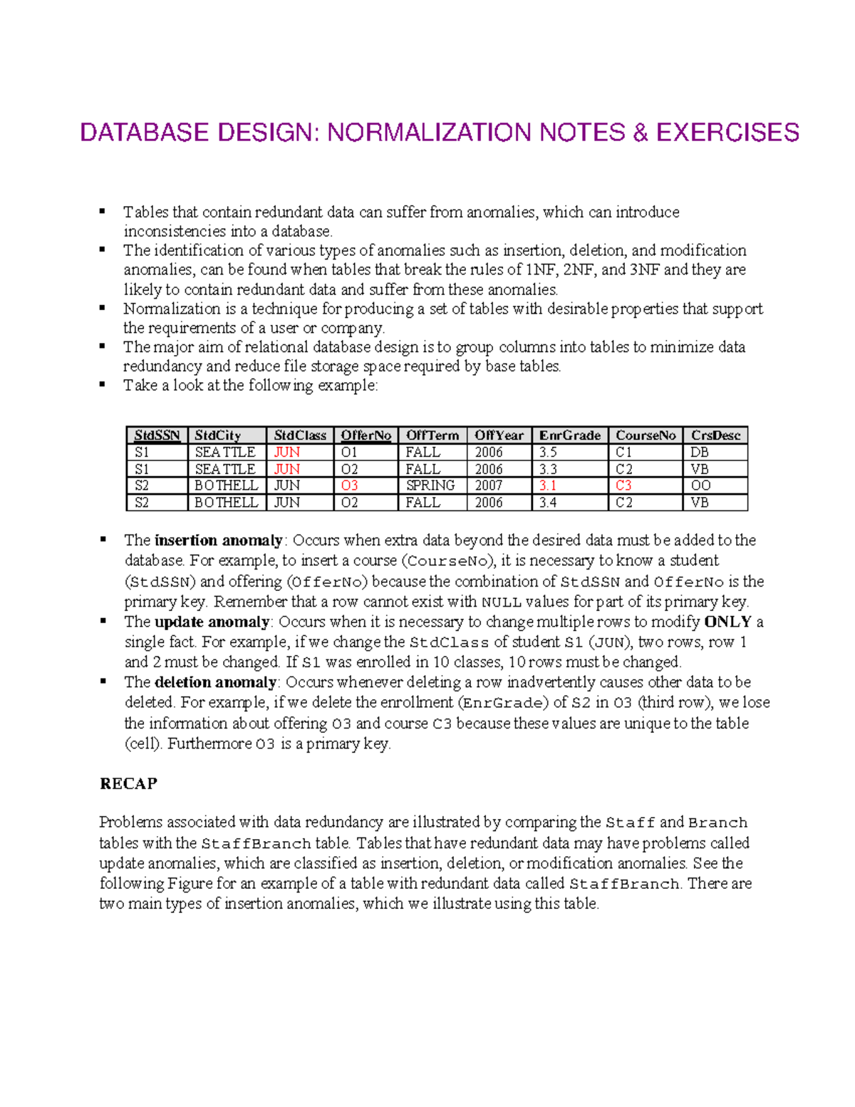 More Normalization Notes And Exercises - DATABASE DESIGN: NORMALIZATION ...