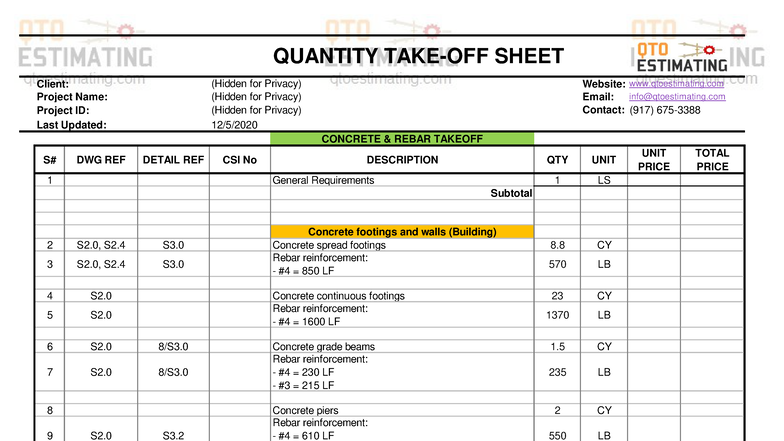 Beach Residence Concrete Rebar Takeoff (Course Code: QUANTITY SHEET) - Studocu